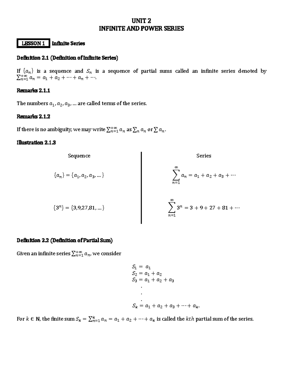 Calculus 3 Unit 2 Lesson 1 & 2 - UNIT 2 INFINITE AND POWER SERIES ...
