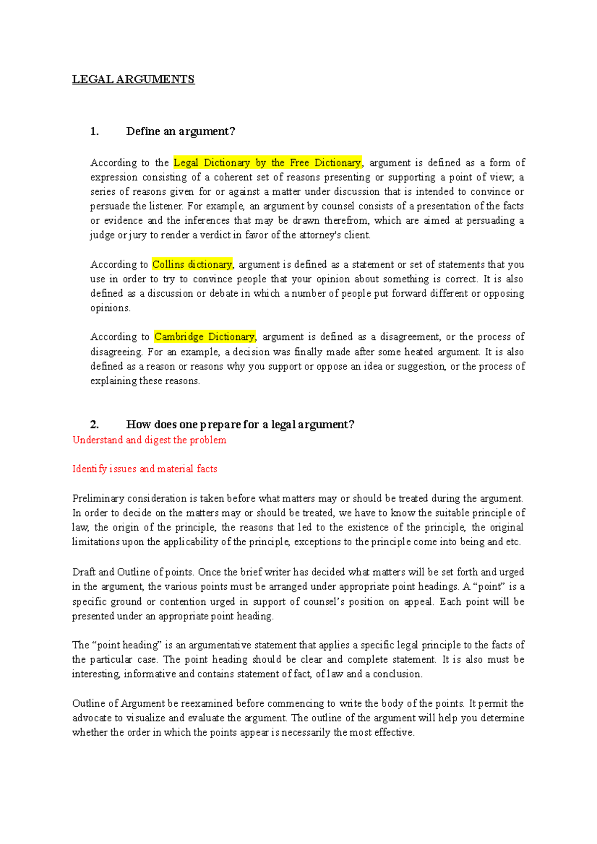 385367 T13 - just for reference - LEGAL ARGUMENTS 1. Define an argument ...