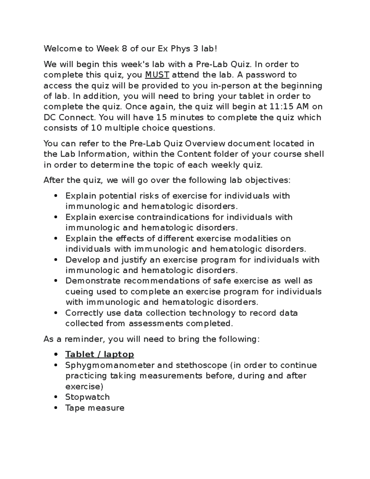 Document 12 - week 8 overview BIOL - Welcome to Week 8 of our Ex Phys 3 lab! We will begin this ...