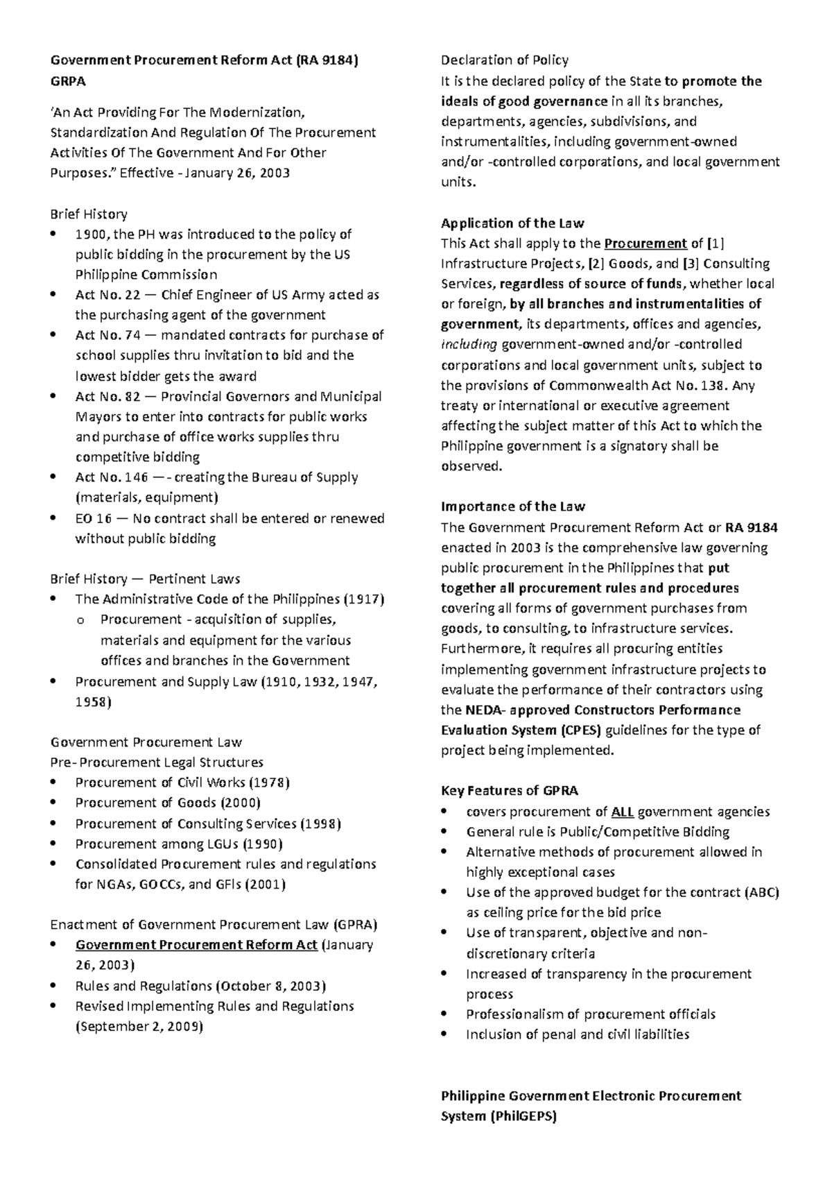 Government pra law - Government Procurement Reform Act (RA 9184) GRPA ...