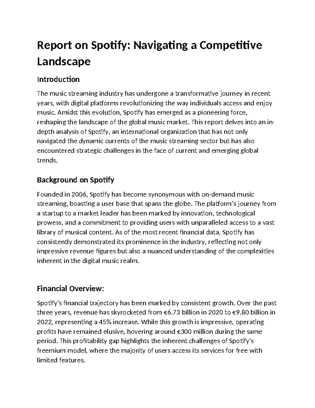 Report on Spotify - Summary Finance - Report on Spotify: Navigating a ...