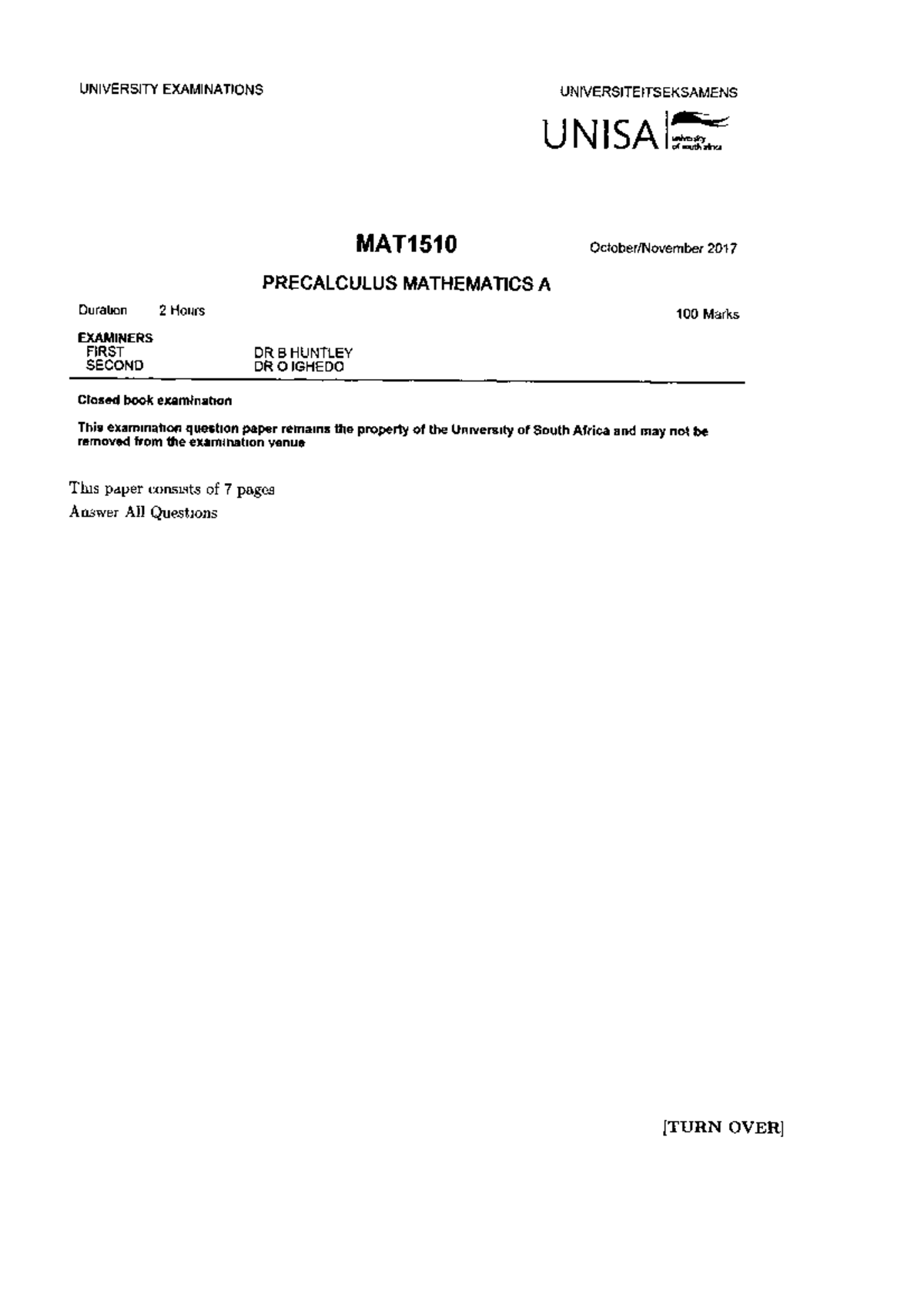 MAT1510 2017 10 E 1 - STATISTICS - STA1501 - Studocu