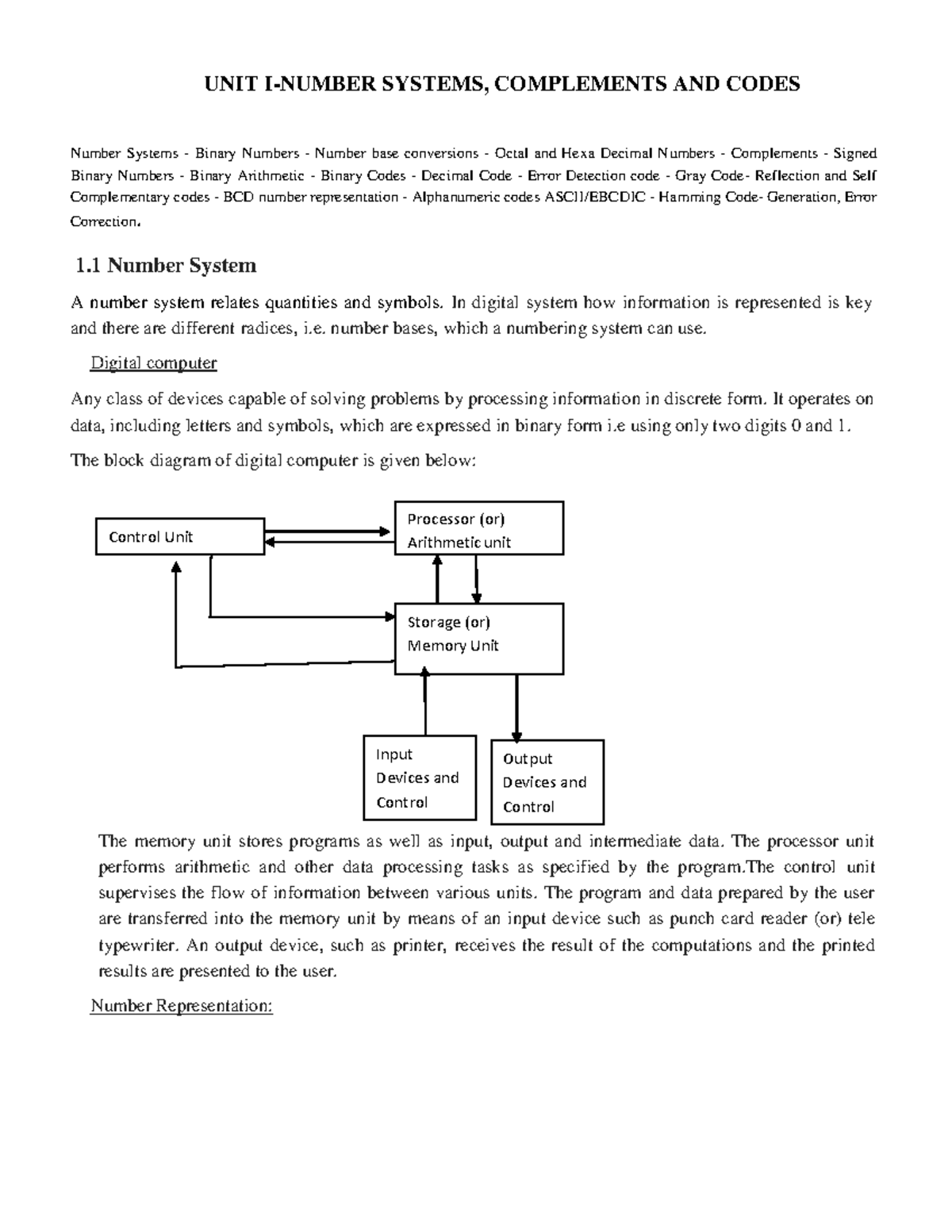 NUMBER SYSTEMS, COMPLEMENTS AND CODES - UNIT I-NUMBER SYSTEMS, COMPLEMENTS AND CODES Number ...