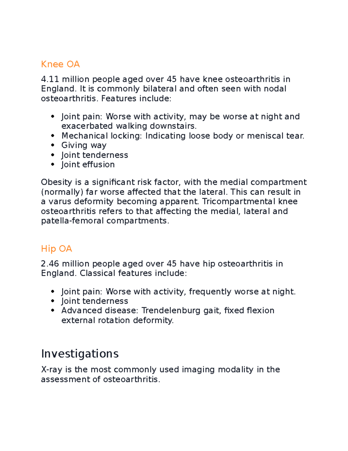 Knee OA - Lecture notes 1 - Knee OA 4 million people aged over 45 have ...