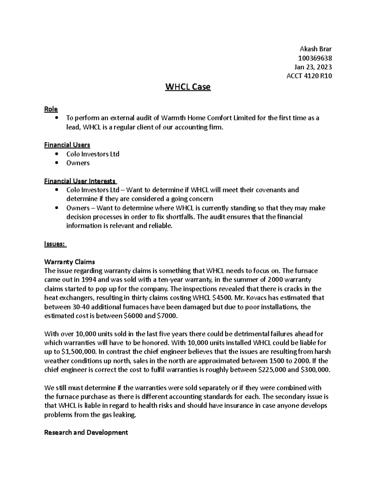 WHCL CASE Word copy - Assignment info - Akash Brar 100369638 Jan 23 ...