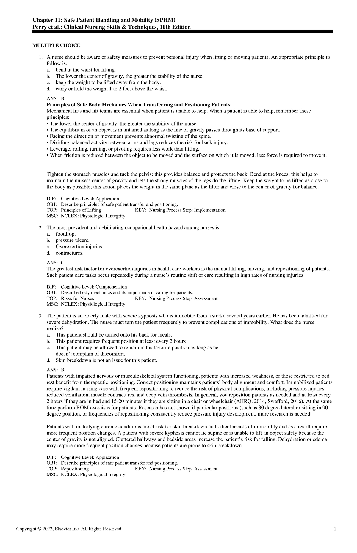 Exam View - Chapter 11 - Quiz - Chapter 11: Safe Patient Handling and ...