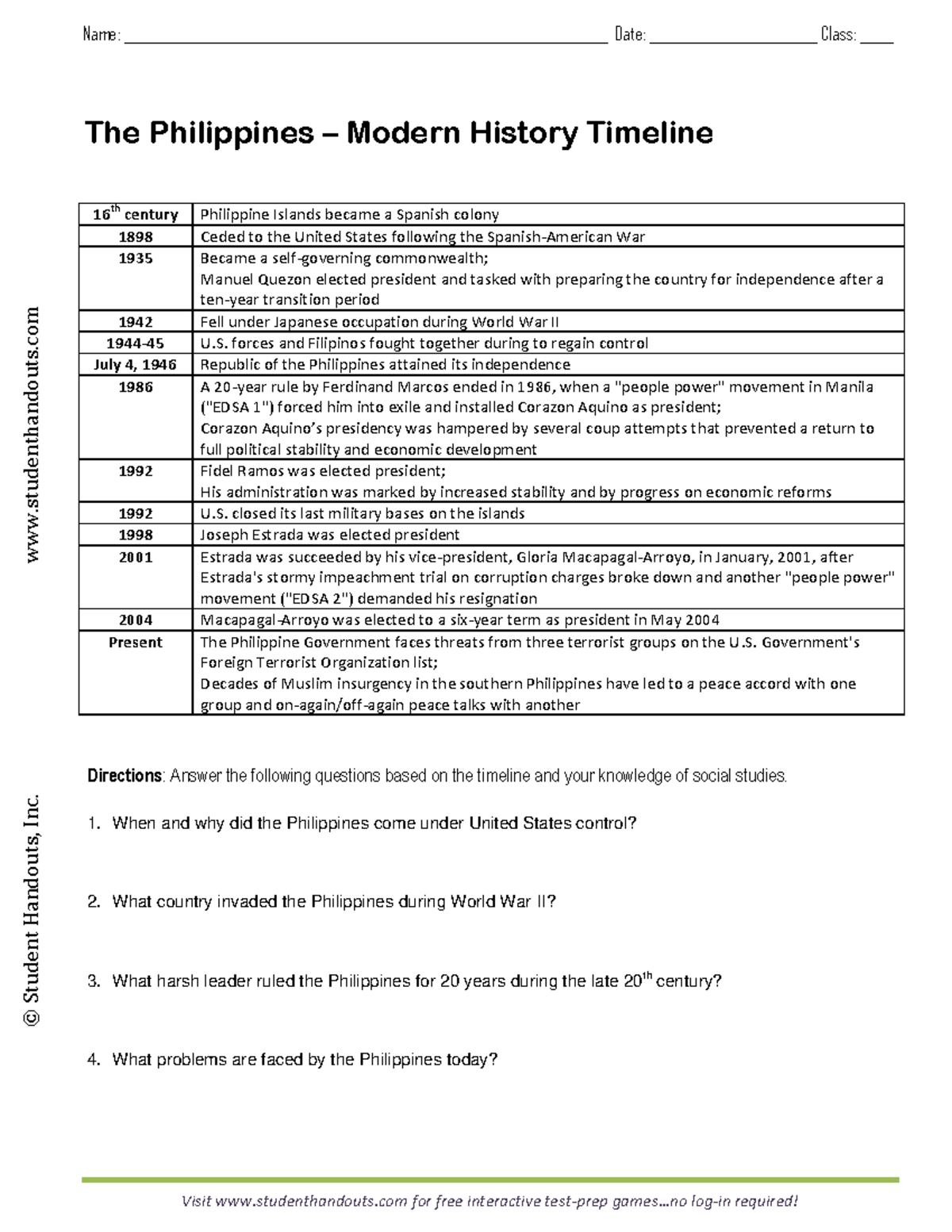 Philippines Timeline Worksheet - Name: - Studocu