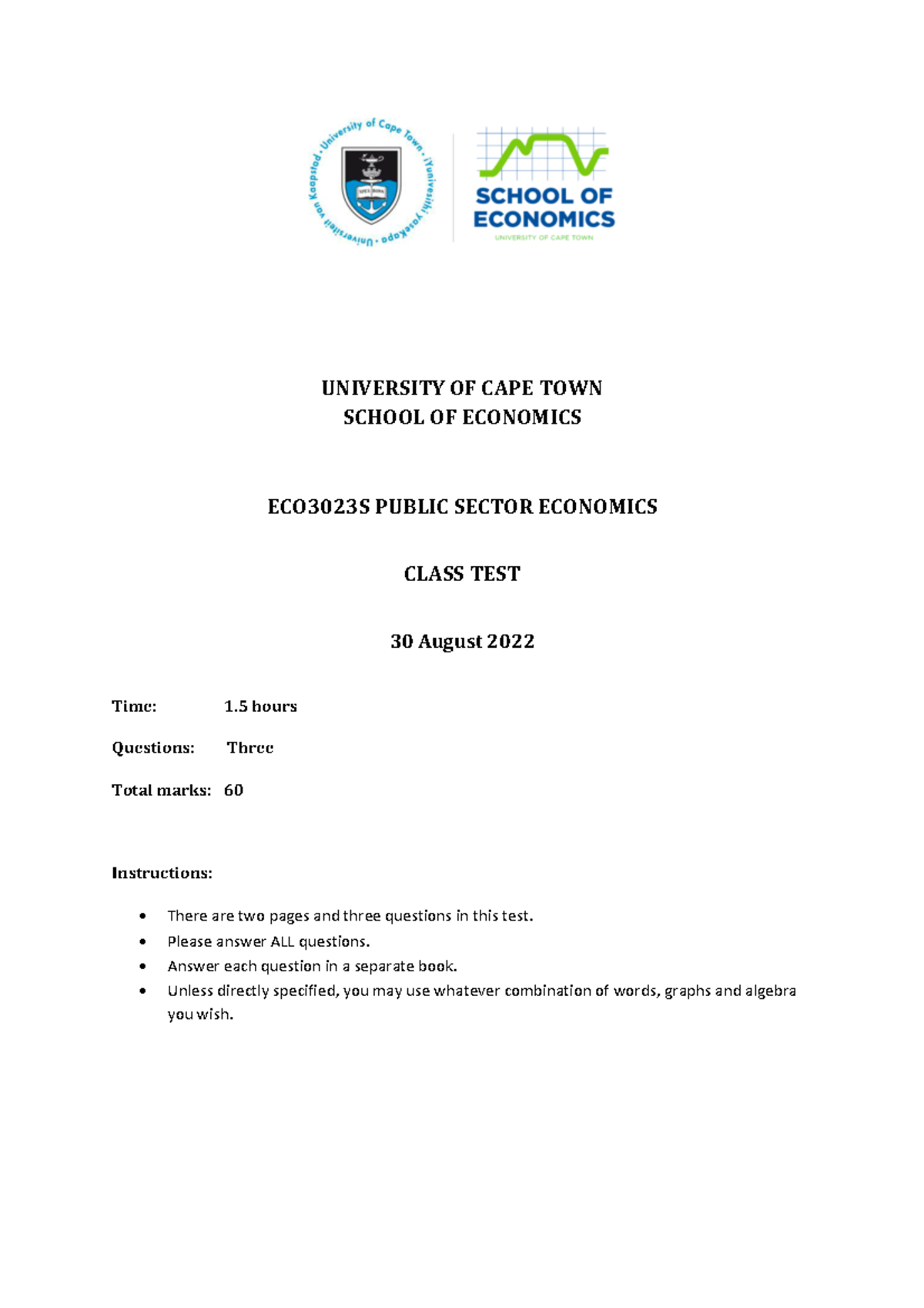 ECO3023S 2022 Test - UNIVERSITY OF CAPE TOWN SCHOOL OF ECONOMICS ...
