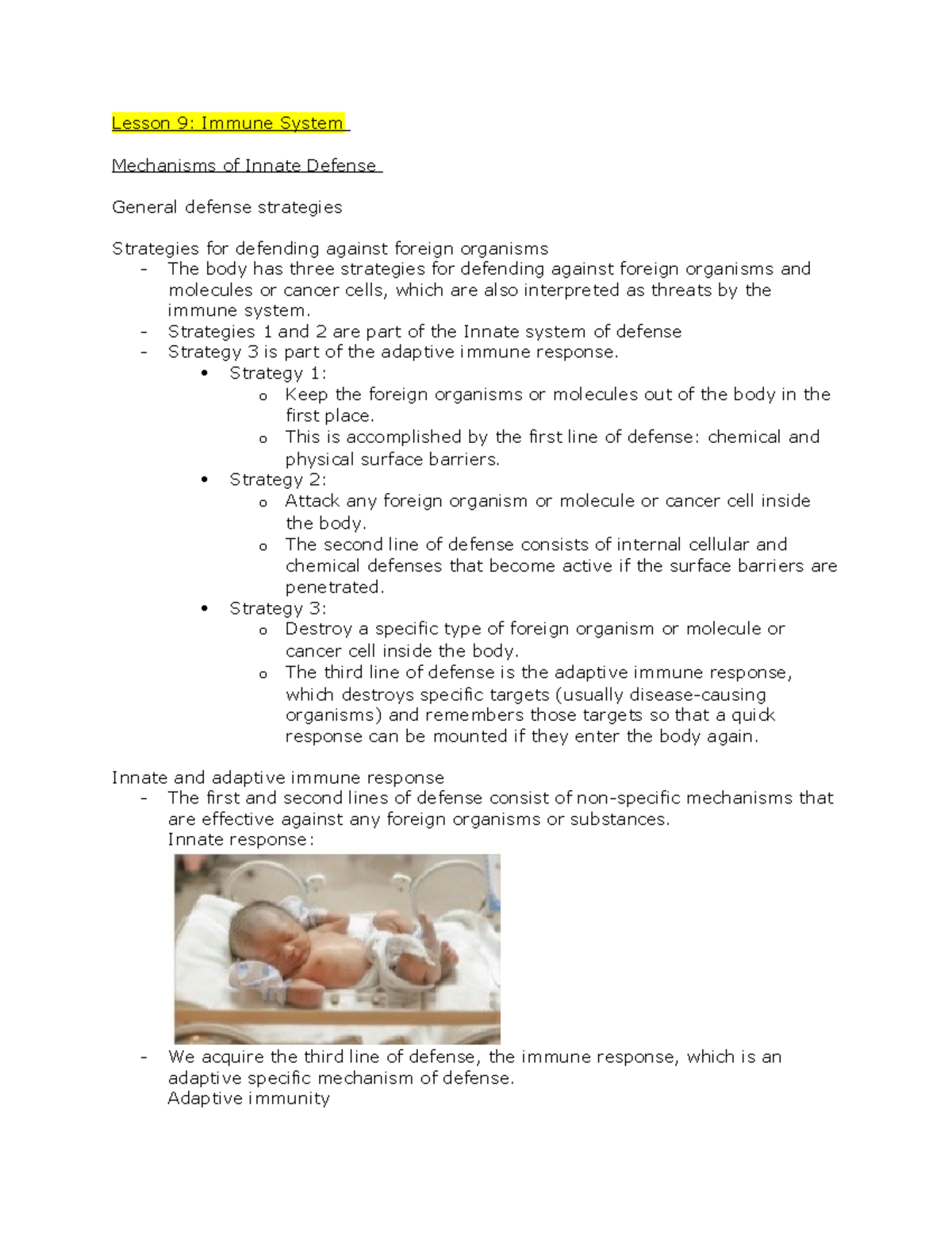 Lesson 9 - Lesson 9: Immune System Mechanisms of Innate Defense General ...