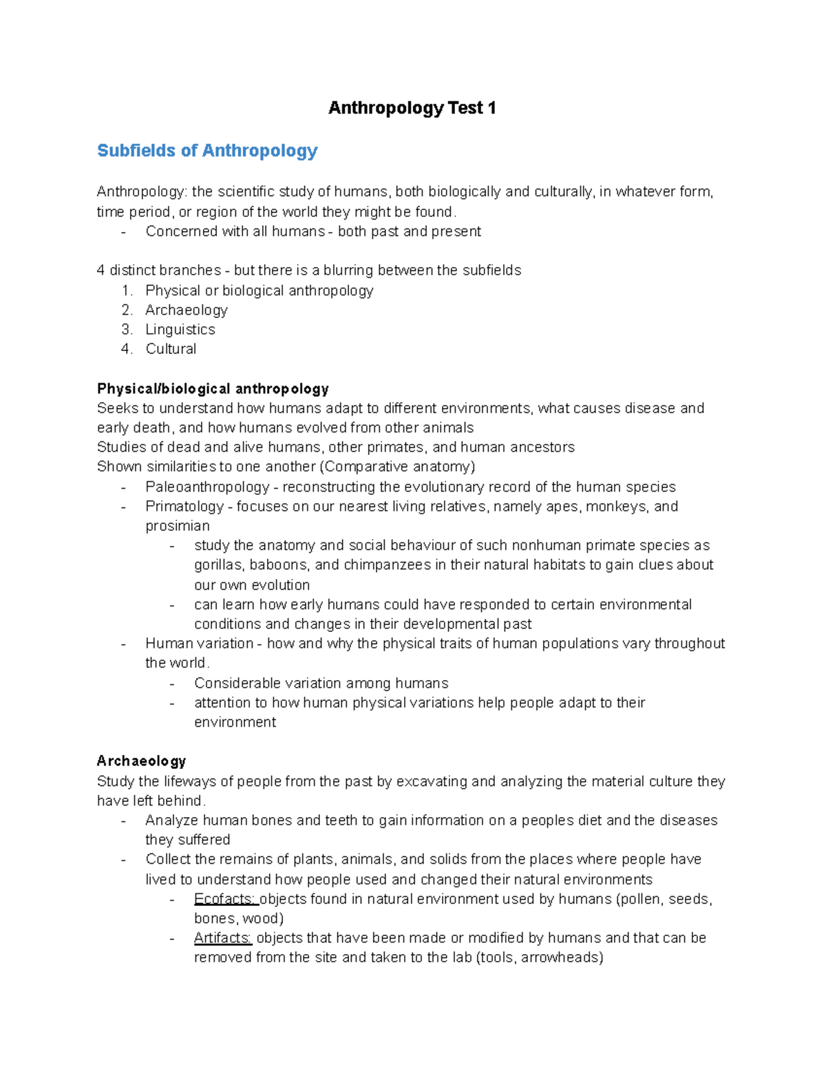 Anthropology Test 1 - hope this helps - Anthropology Test 1 Subfields ...