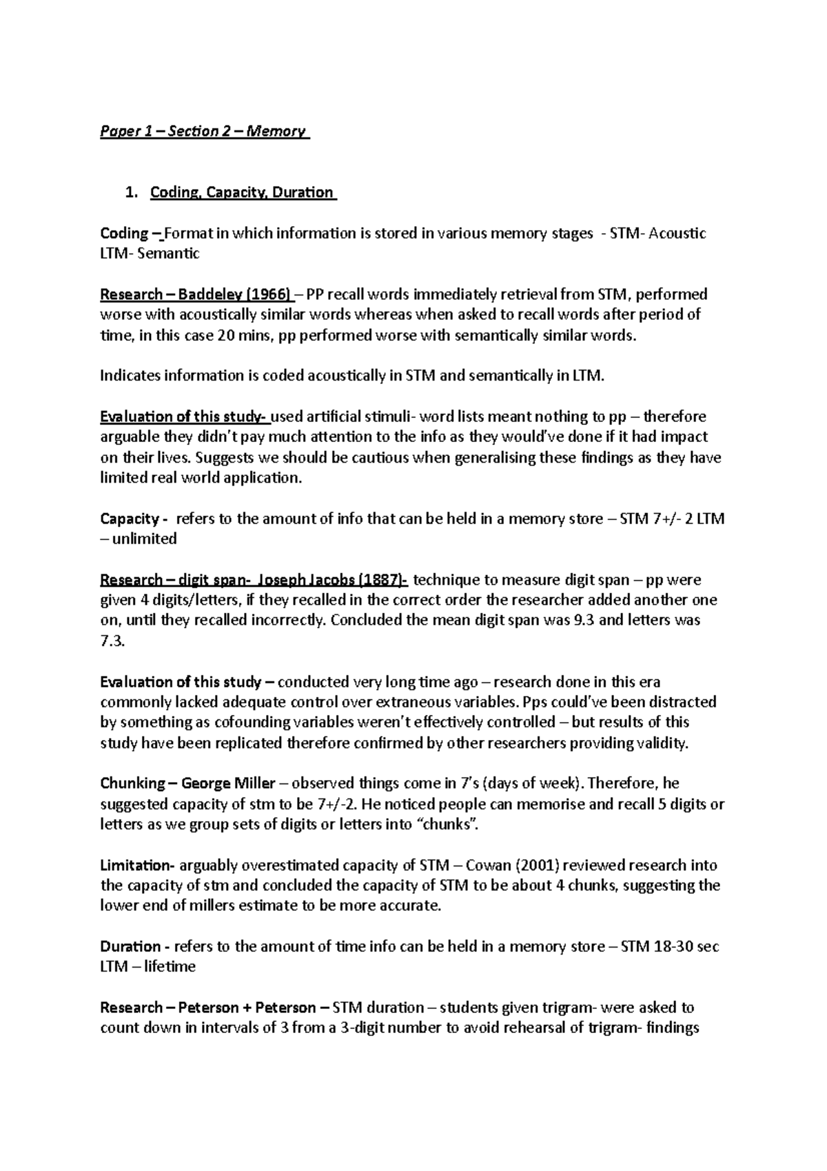 Paper 1 – Section 2 – Memory - Paper 1 – Section 2 – Memory Coding, Capacity, Duration Coding ...
