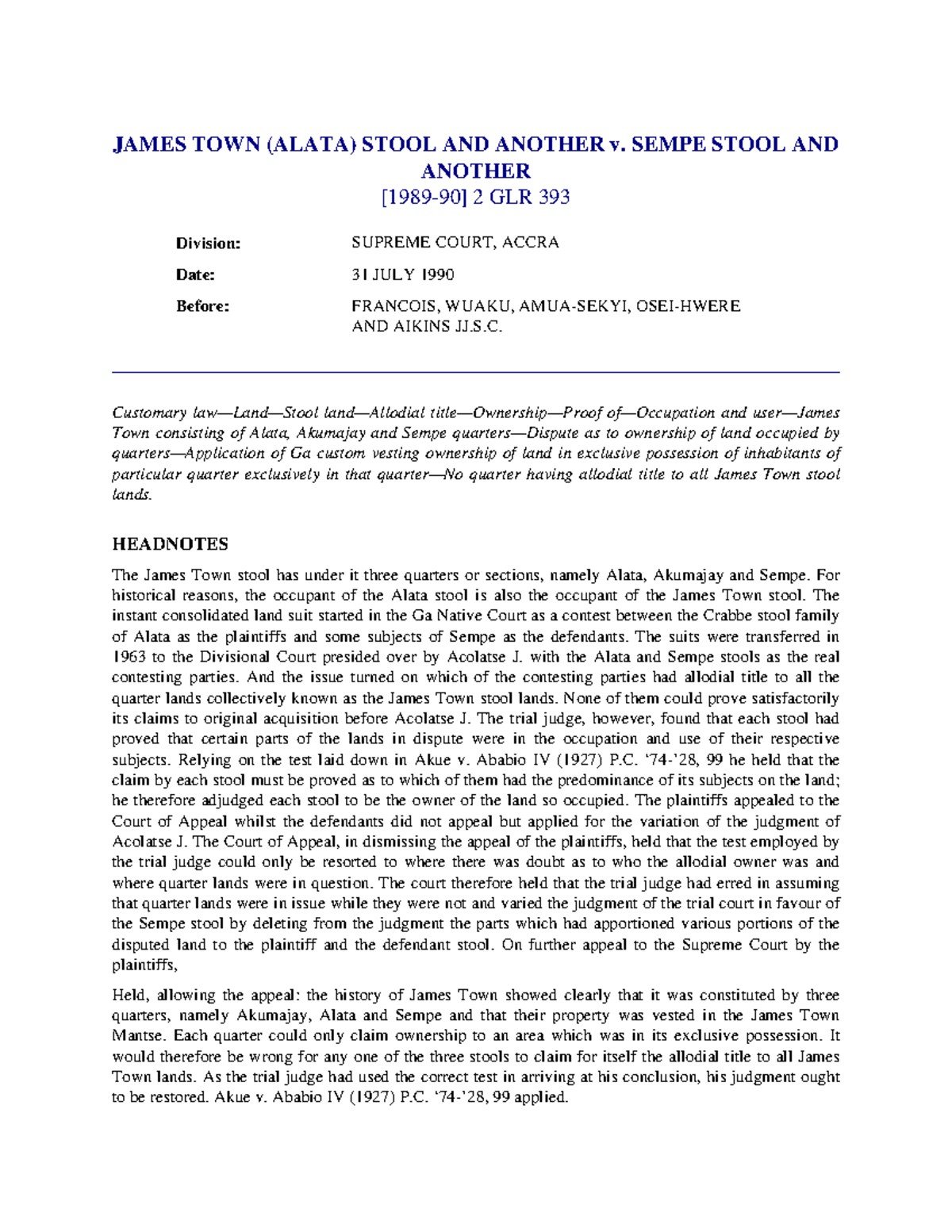 James TOWN ( Alata) Stool AND Another v. Sempe Stool AND Another ...