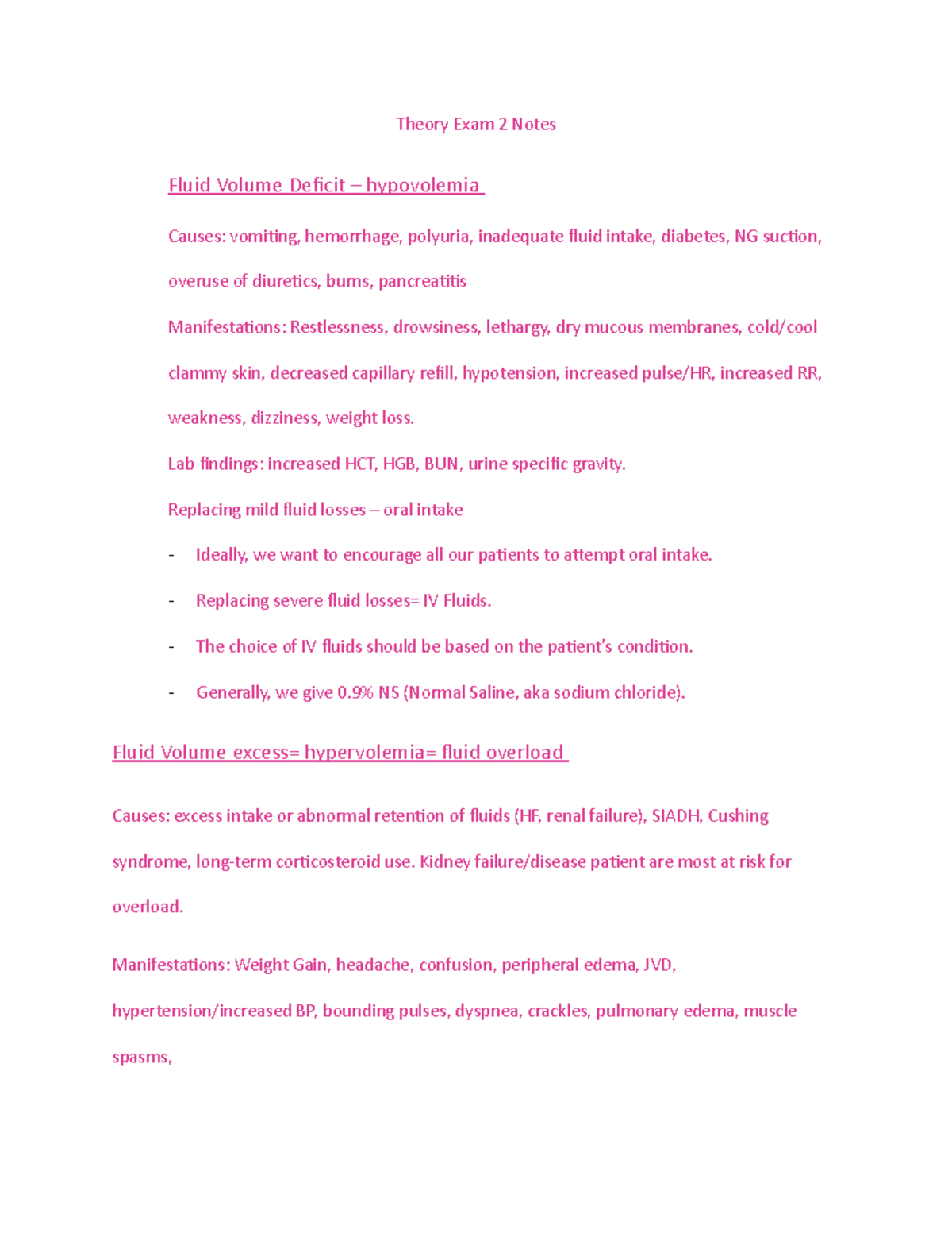 Theory Exam 2 Notes - Theory Exam 2 Notes Fluid Volume Deficit ...