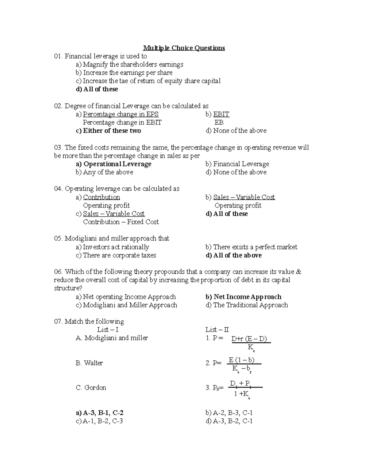 UNIT -iv - FM - unit IV - Multiple Choice Questions 01. Financial ...
