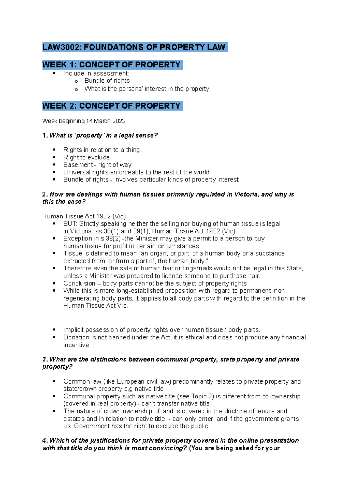 LAW3002 Entire Course Notes - LAW3002: FOUNDATIONS OF PROPERTY LAW WEEK ...