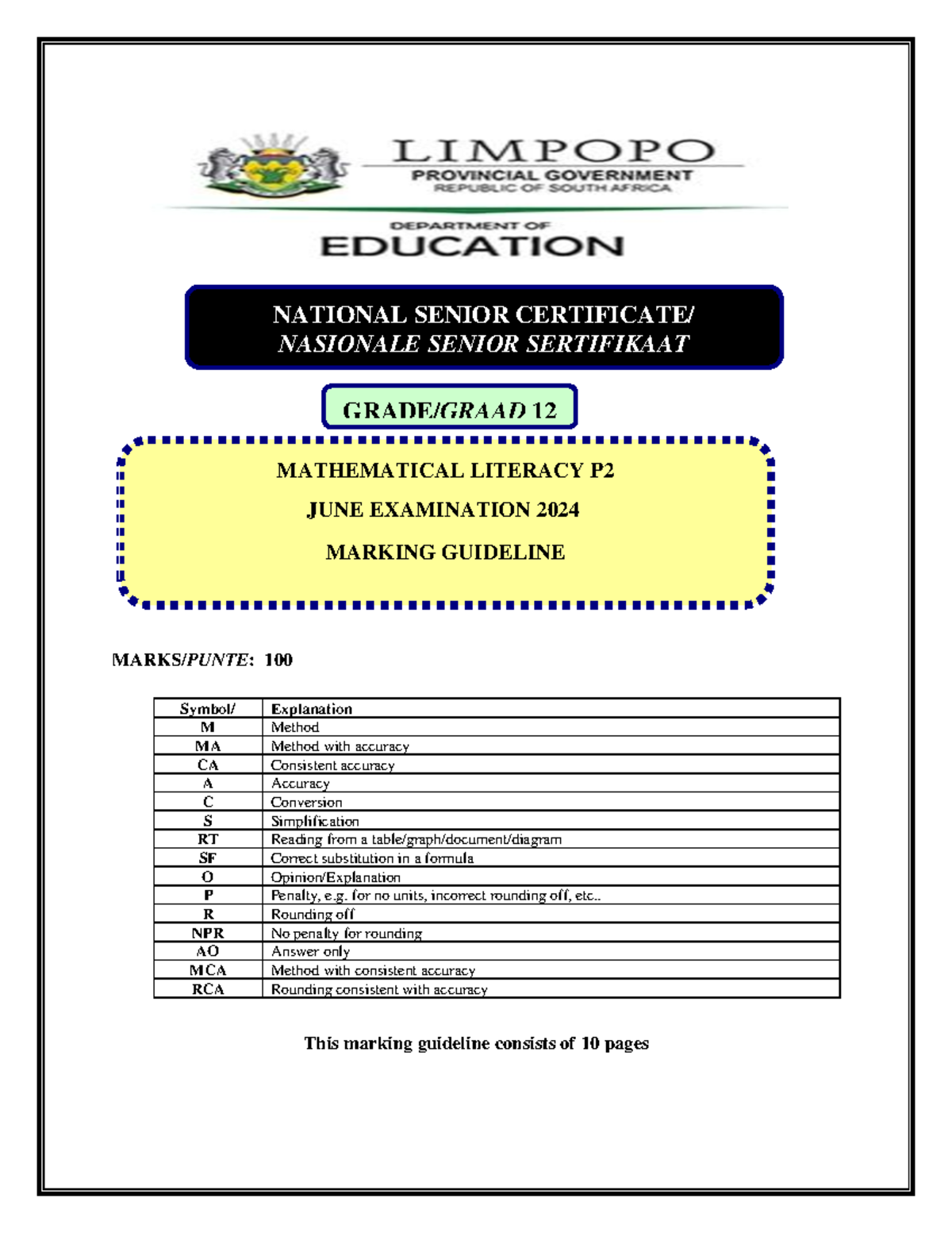 Mathematical Literacy JUNE 2024 Marking Guideline Moderated - MARKS ...