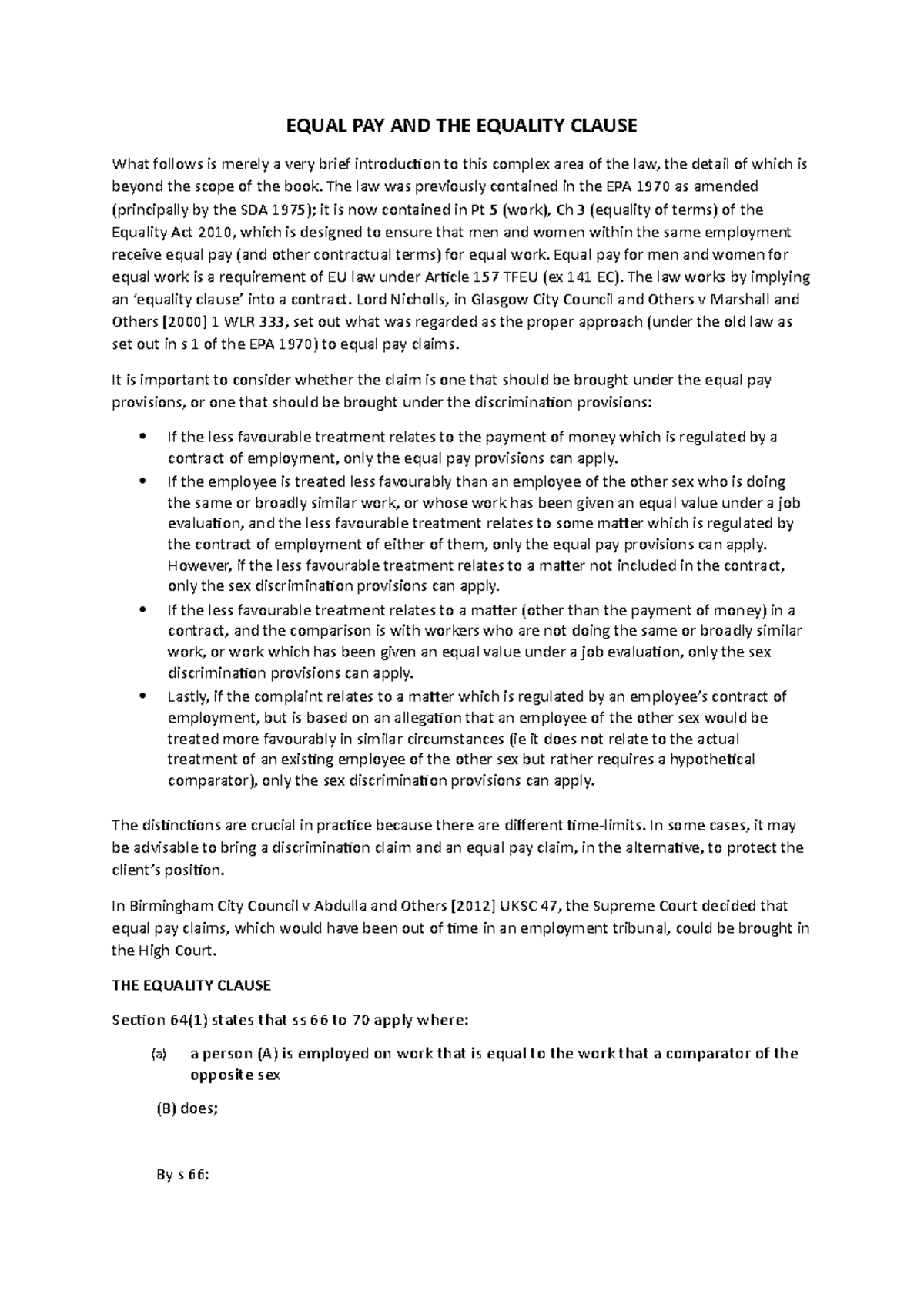 Equal pay and Equality Clause - EQUAL PAY AND THE EQUALITY CLAUSE What ...