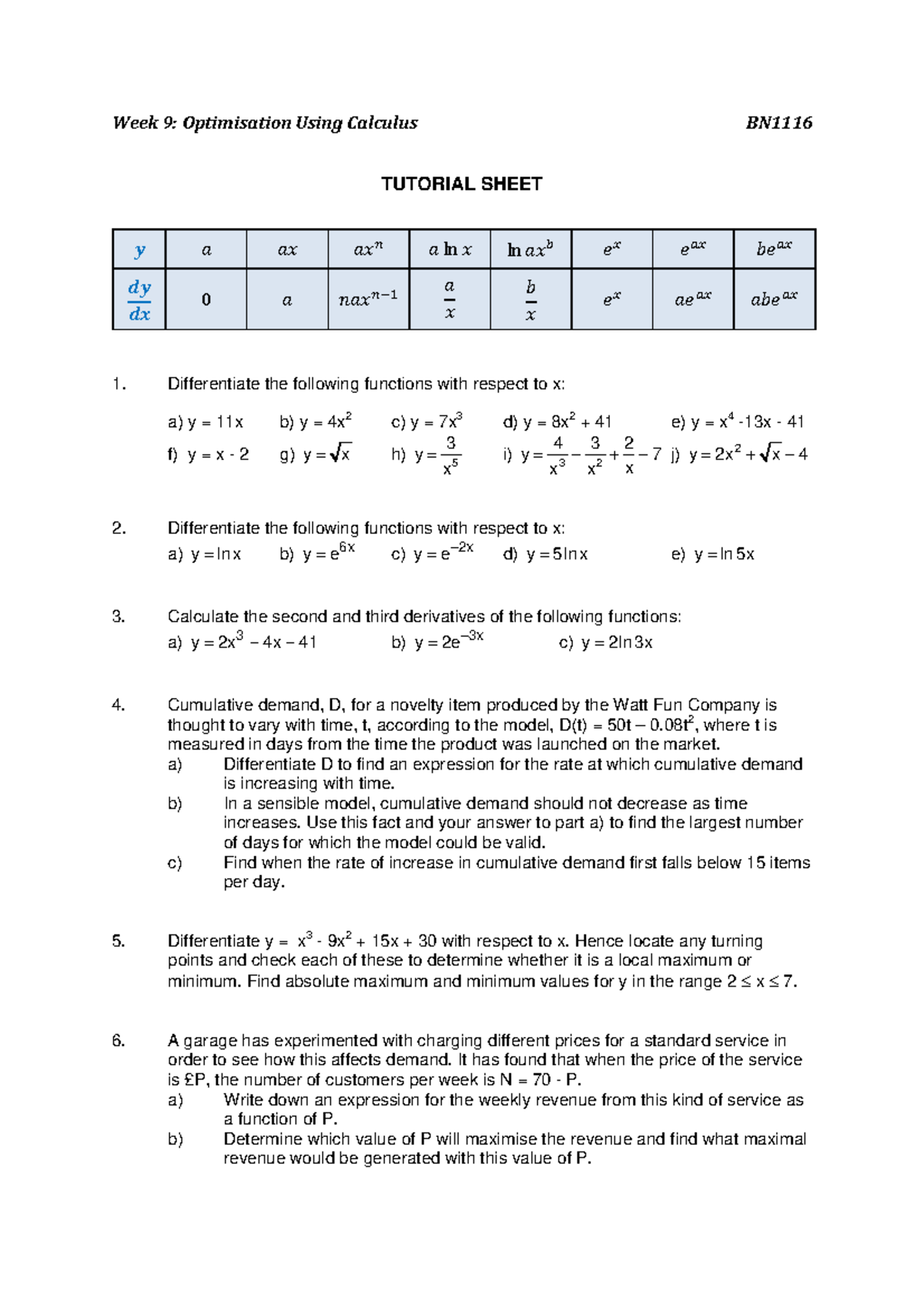 Week 9 - Questions - optimisation using calculus - Week 9: Optimisation ...