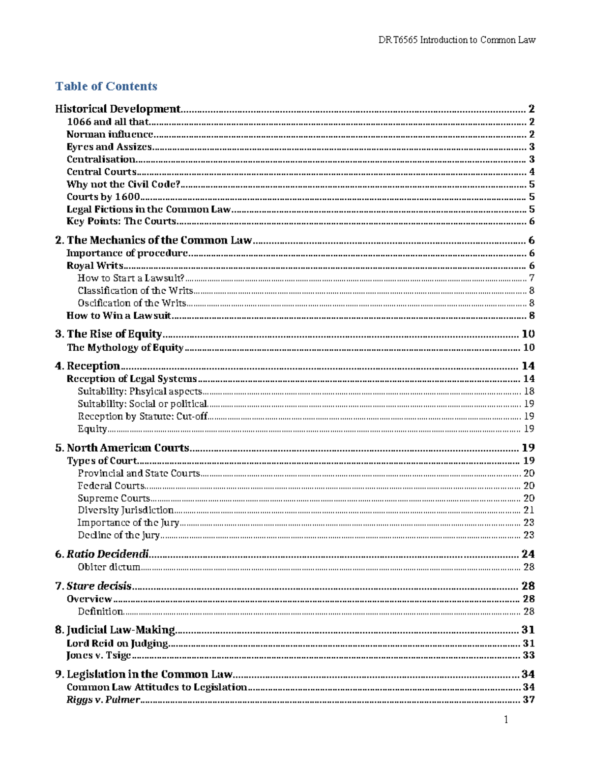 Introduction to Common Law - Table of Contents Historical - Studocu