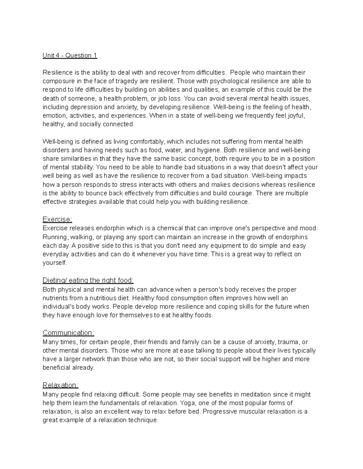 Unit 4 Health and Wellbeing - Unit 4 - Question 1 Resilience is the ...