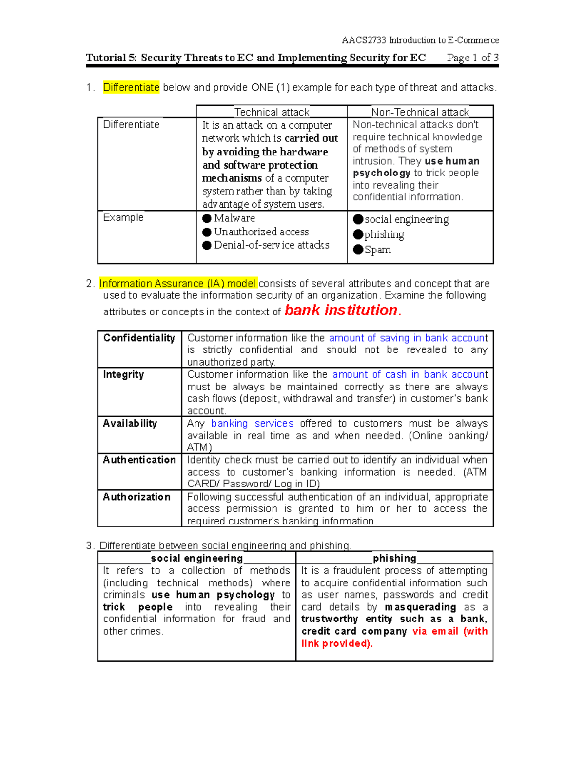 DEM1 G4 Tutorial 5 - AACS2733 Introduction to E-Commerce Tutorial 5: Security Threats to EC and ...