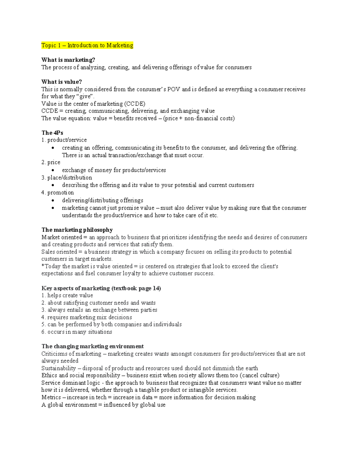 Mkt exam review - Notes for marketing - Topic 1 – Introduction to ...