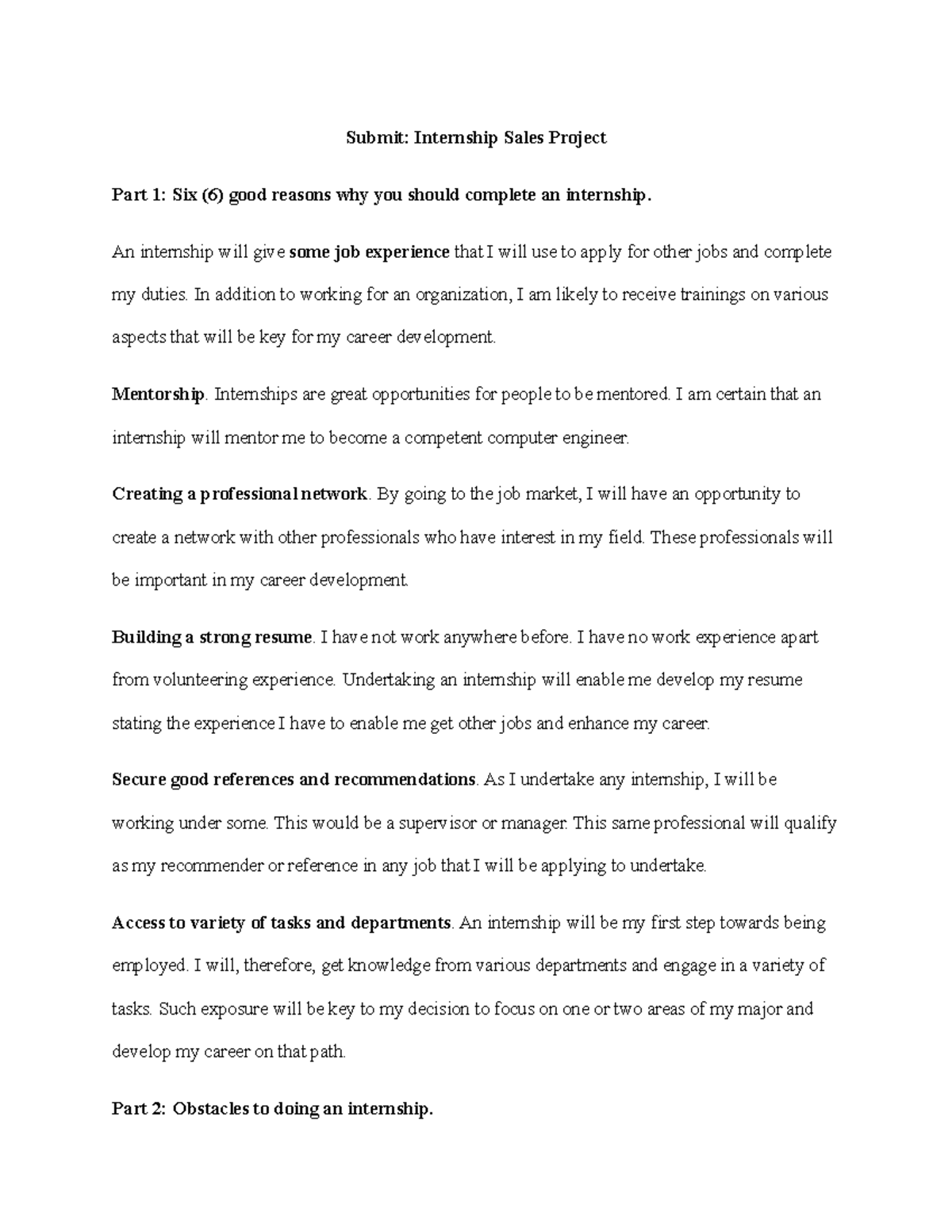 Internship Sales Project - An internship will give some job experience ...