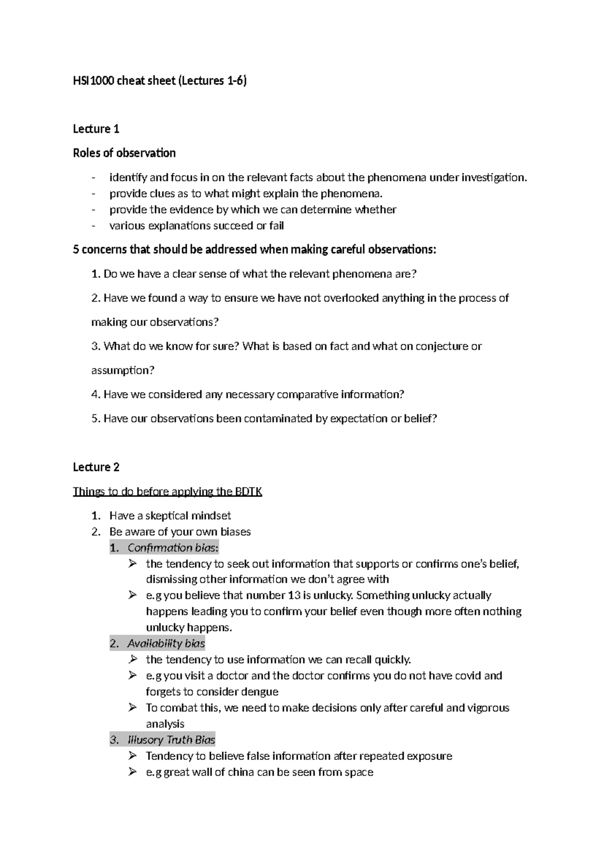 hsi cheat sheet (nonsense) - HSI1000 cheat sheet (Lectures 1-6) Lecture ...