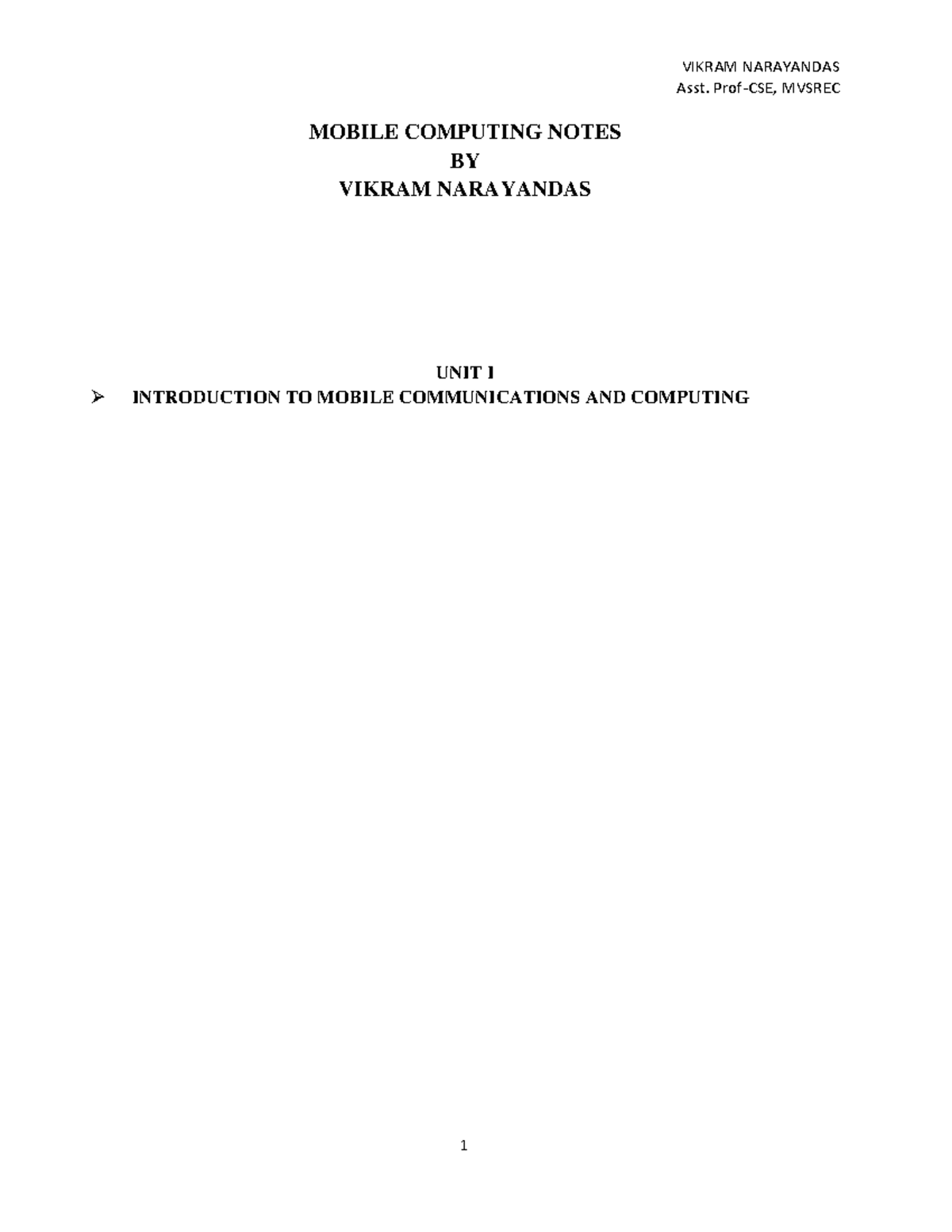 Mc Notes 1 Asst Prof Cse Mvsrec Mobile Computing Notes By Vikram