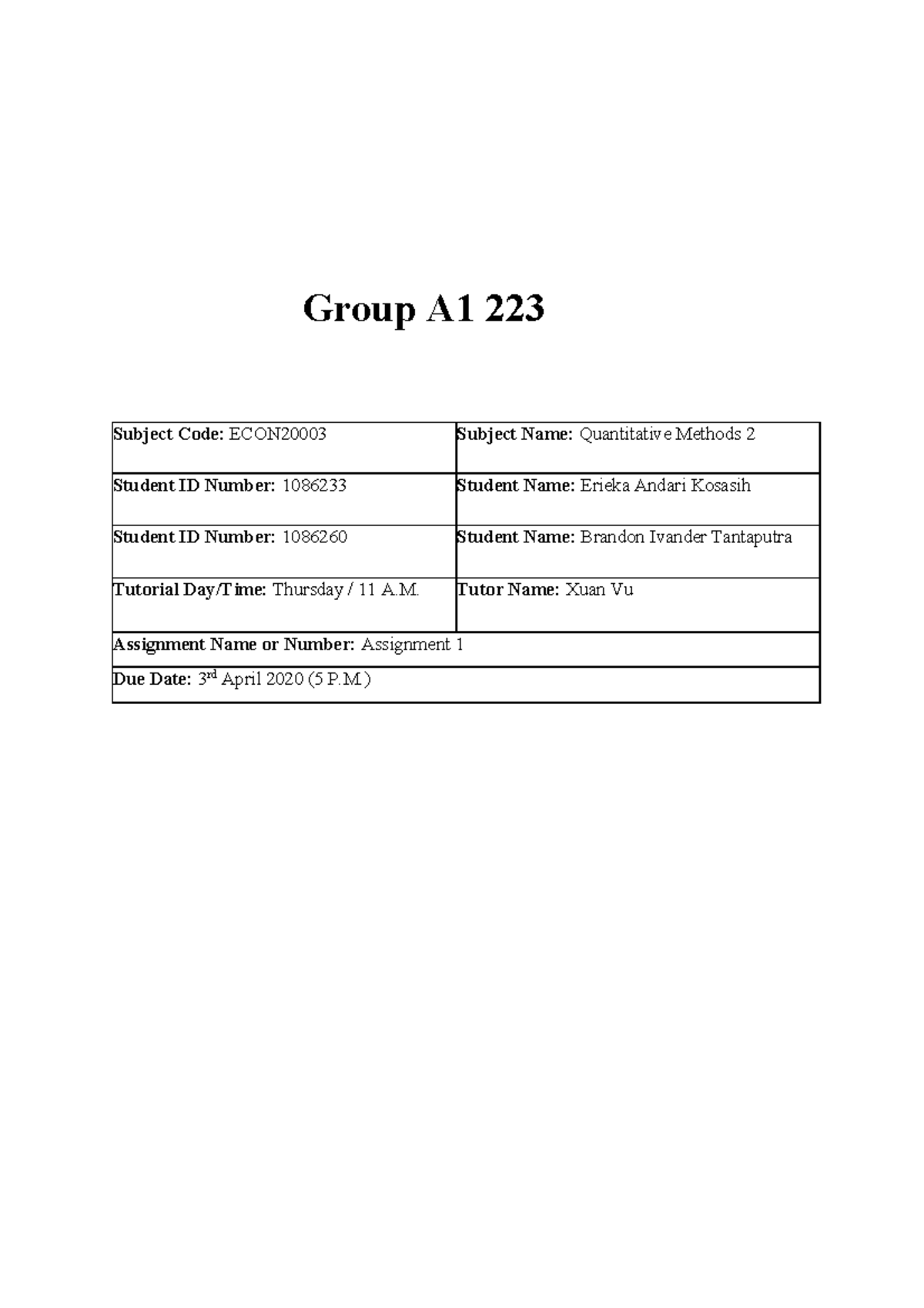 Qm2 Assignment 1 Sem1 2020 Warning Tt Undefined Function 32 Subject Code Econ20003