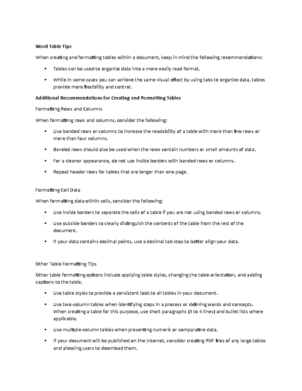 Lecture Notes 6 - Word Table Tips When creating and formatting tables ...