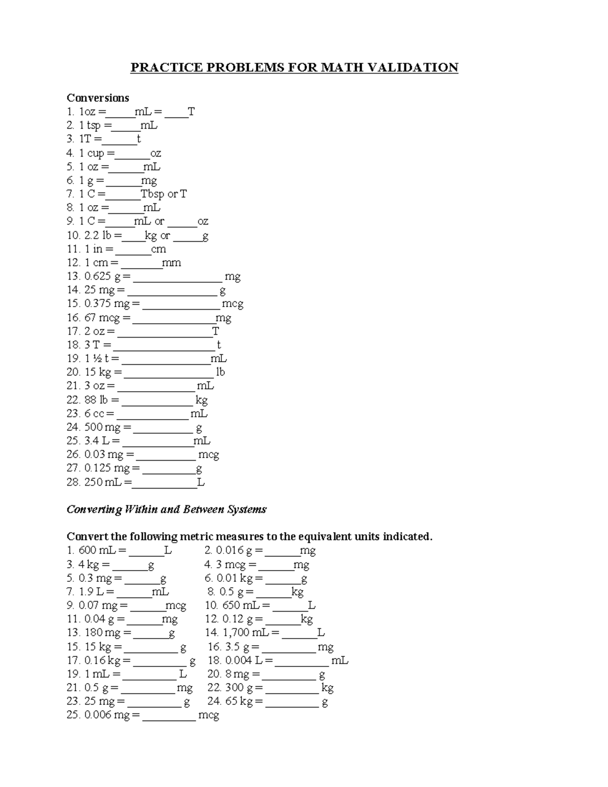 Dosage Calculation Practice Packet - PRACTICE PROBLEMS FOR MATH ...