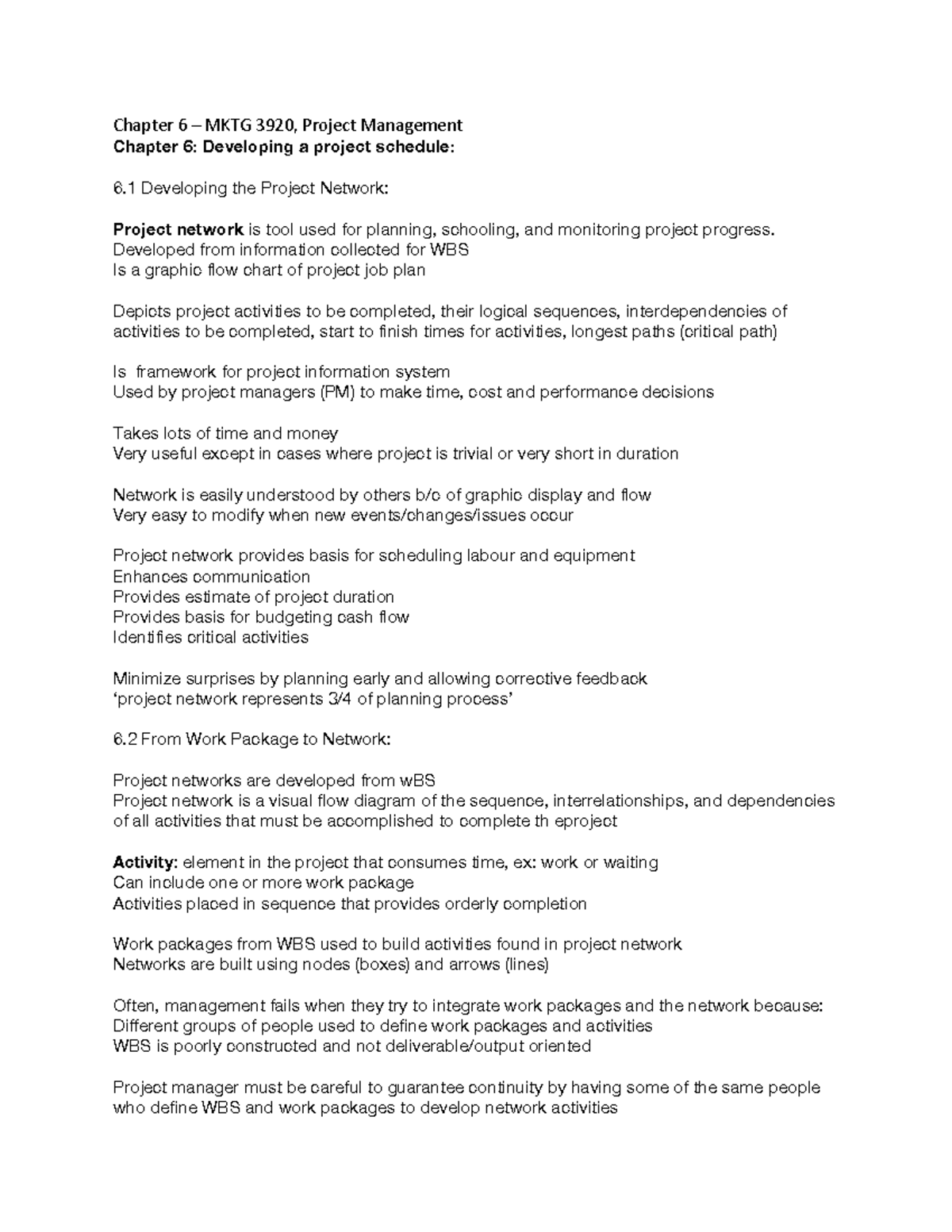 MKTG 3920 - CH 6 - Project Management Notes - Chapter 6 3 MKTG 3920 ...