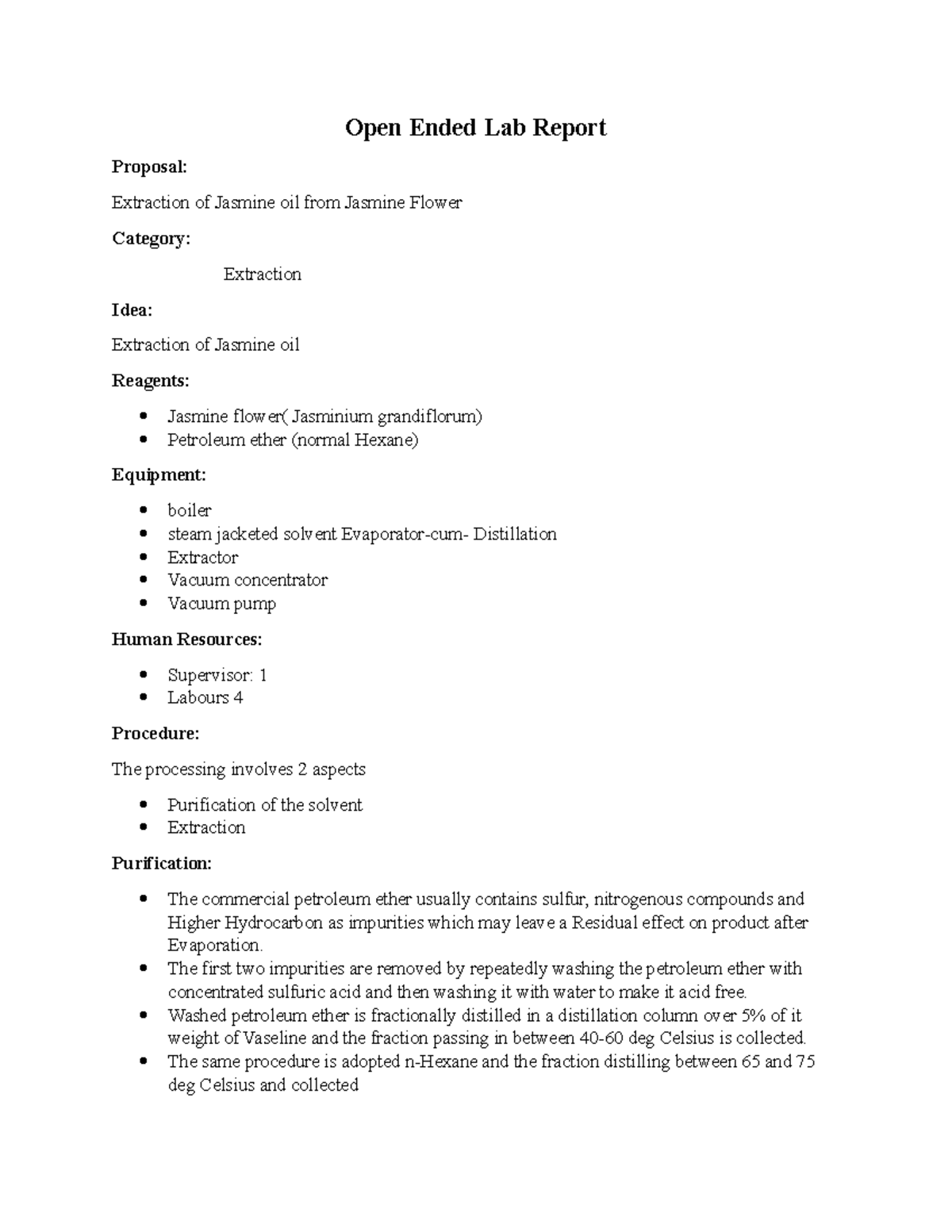Open Ended Lab Report - Extraction of Jasmine oil from Jasmine Flower ...