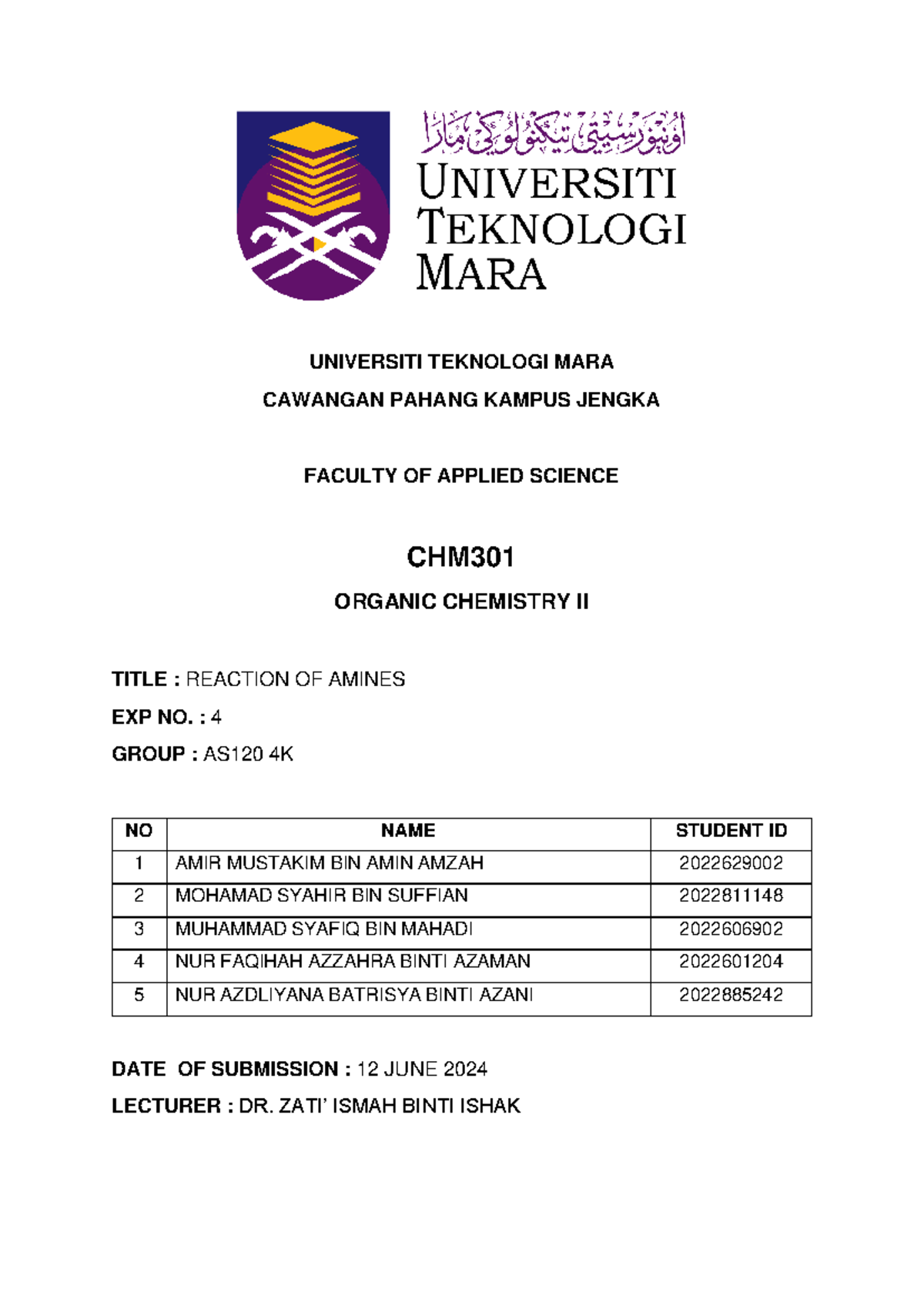 CHM 301 Datasheet EXP 4 - UNIVERSITI TEKNOLOGI MARA CAWANGAN PAHANG KAMPUS JENGKA FACULTY OF ...