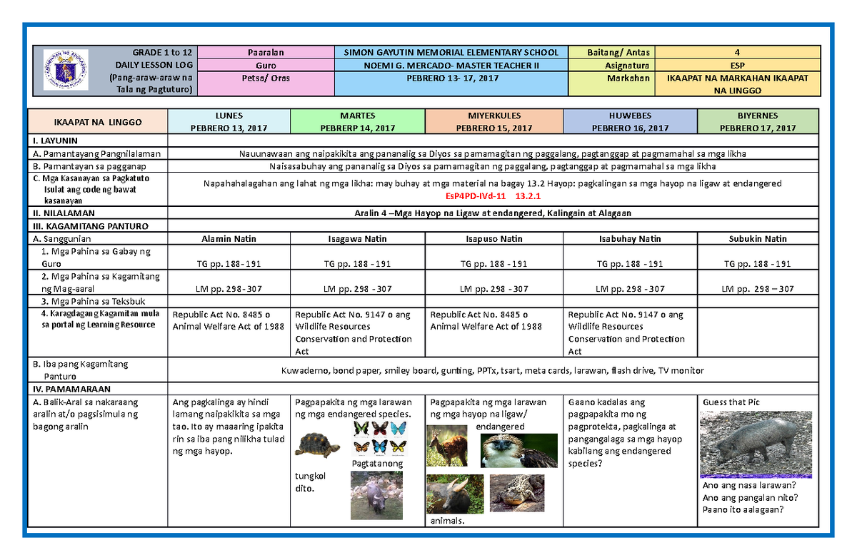 DLL IN ESP 4 WEEK 4 Quarter 4 THE K TO 12 WAY - GRADE 1 to 12 DAILY ...
