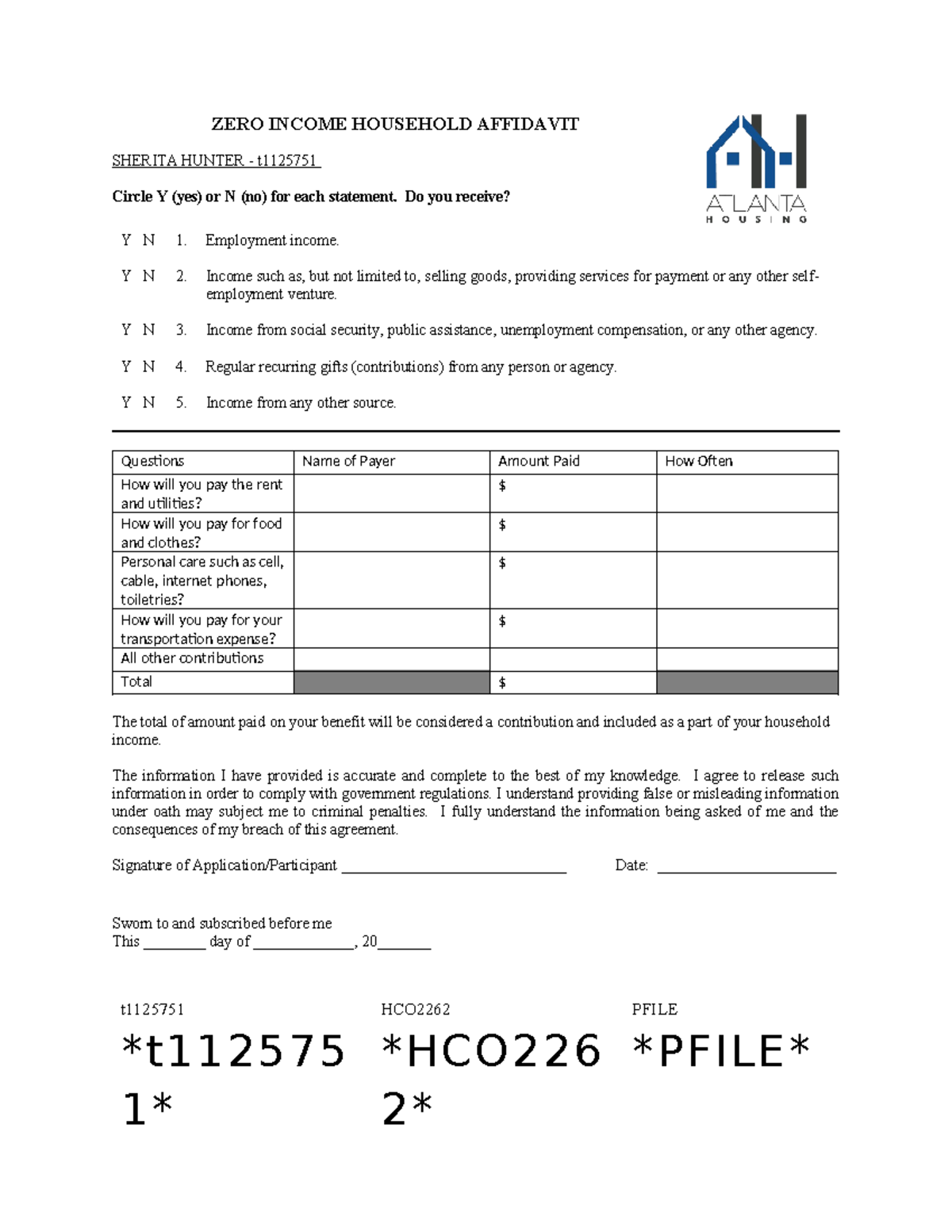 Zero income s hunter - notes - ZERO INCOME HOUSEHOLD AFFIDAVIT SHERITA ...