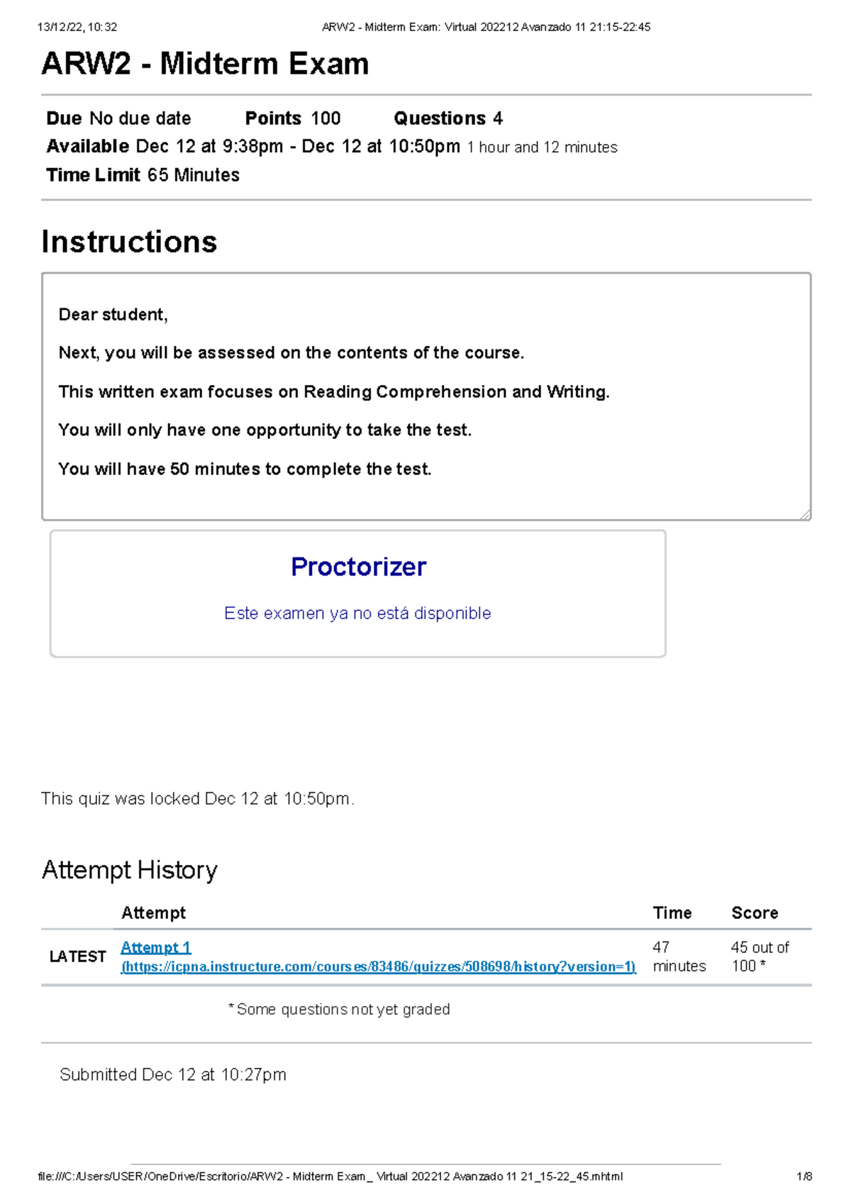 ARW2 - Midterm Exam Virtual 202212 Avanzado 11 21 15-22 45 - Some questions not yet graded ARW2 ...