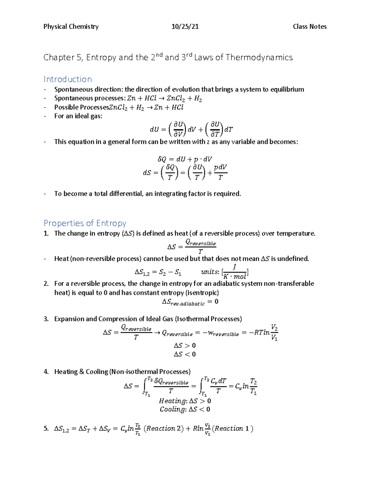 Phys Chem Notes 3 - Physical Chemistry 10/25/21 Class Notes Chapter 5 ...