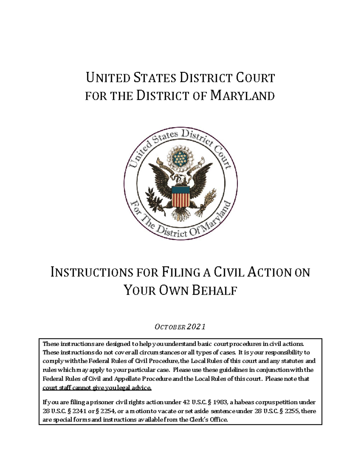 Instructions Filing Civil Action - UNITED STATES DISTRICT COURT FOR THE ...