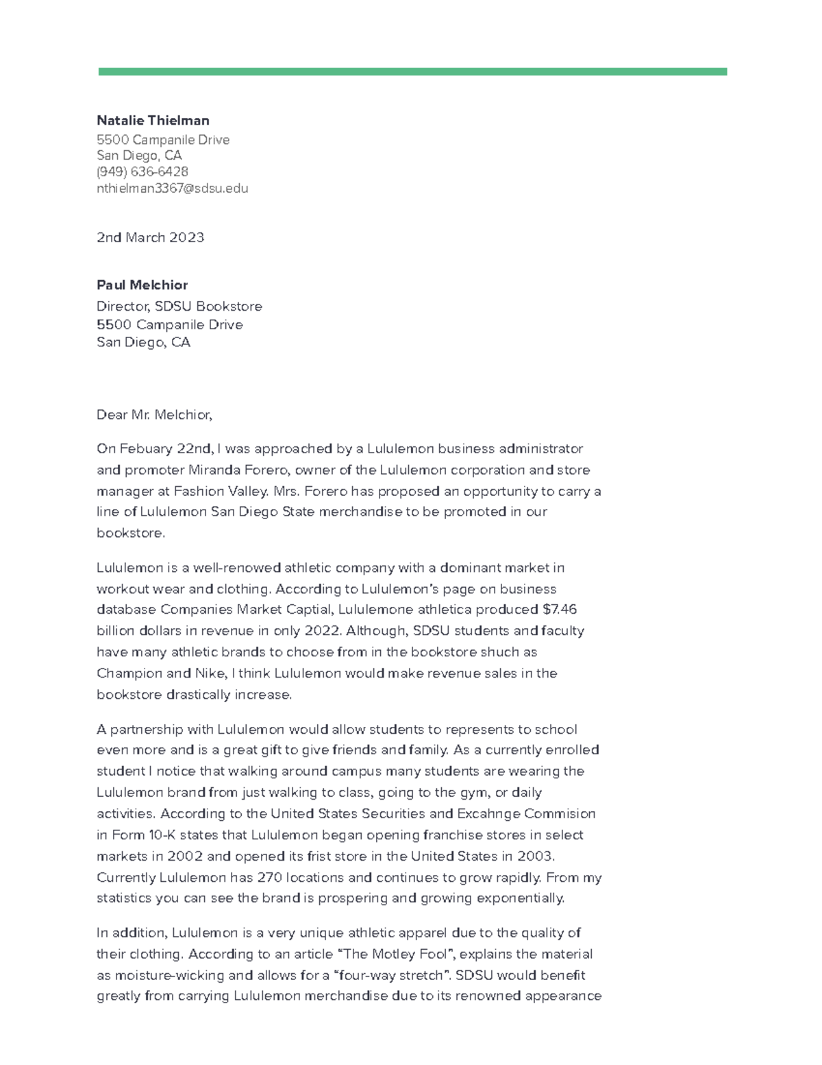 Internal memo - Natalie Thielman 5500 Campanile Drive San Diego, CA ...