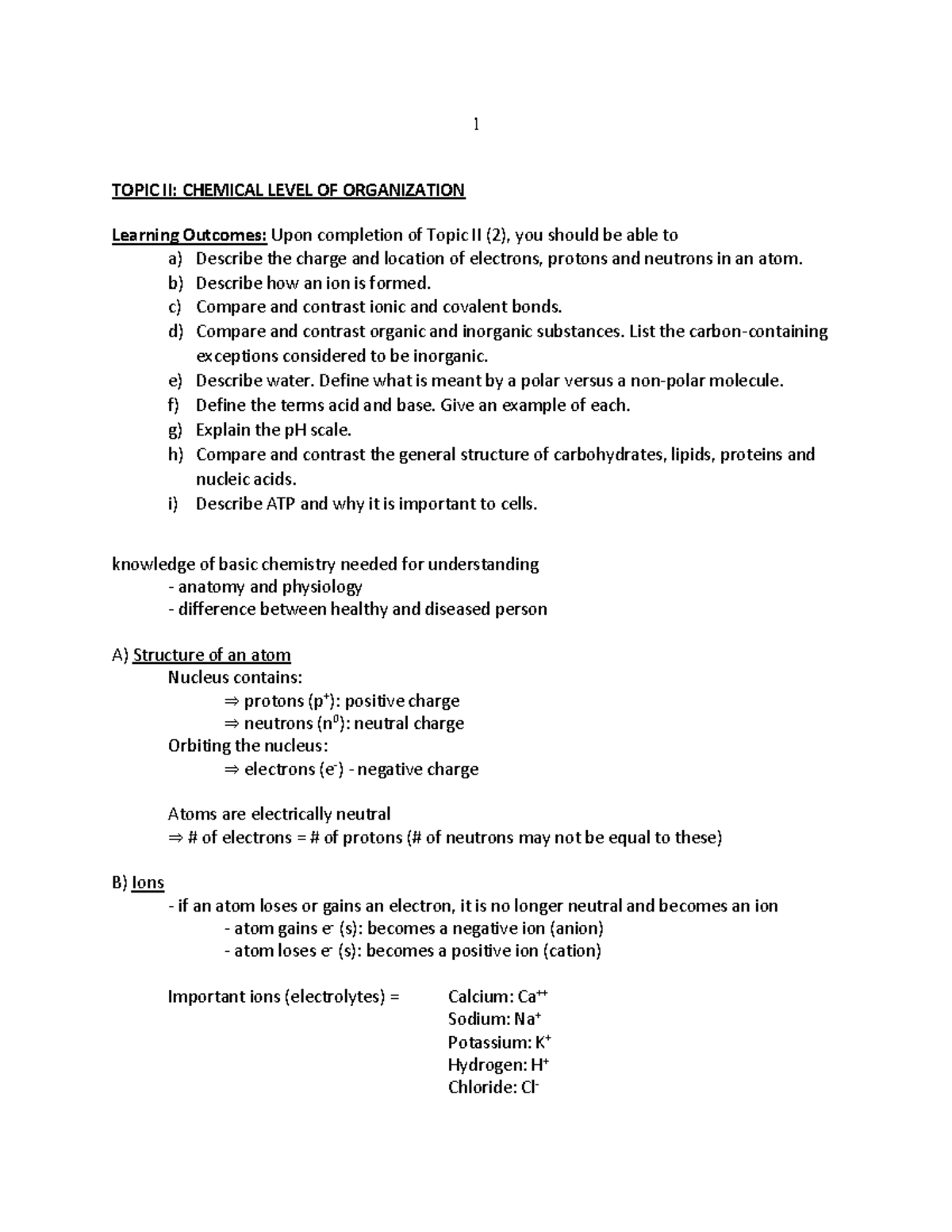 Topic II Chemical Level of Organization - TOPIC II: CHEMICAL LEVEL OF ...