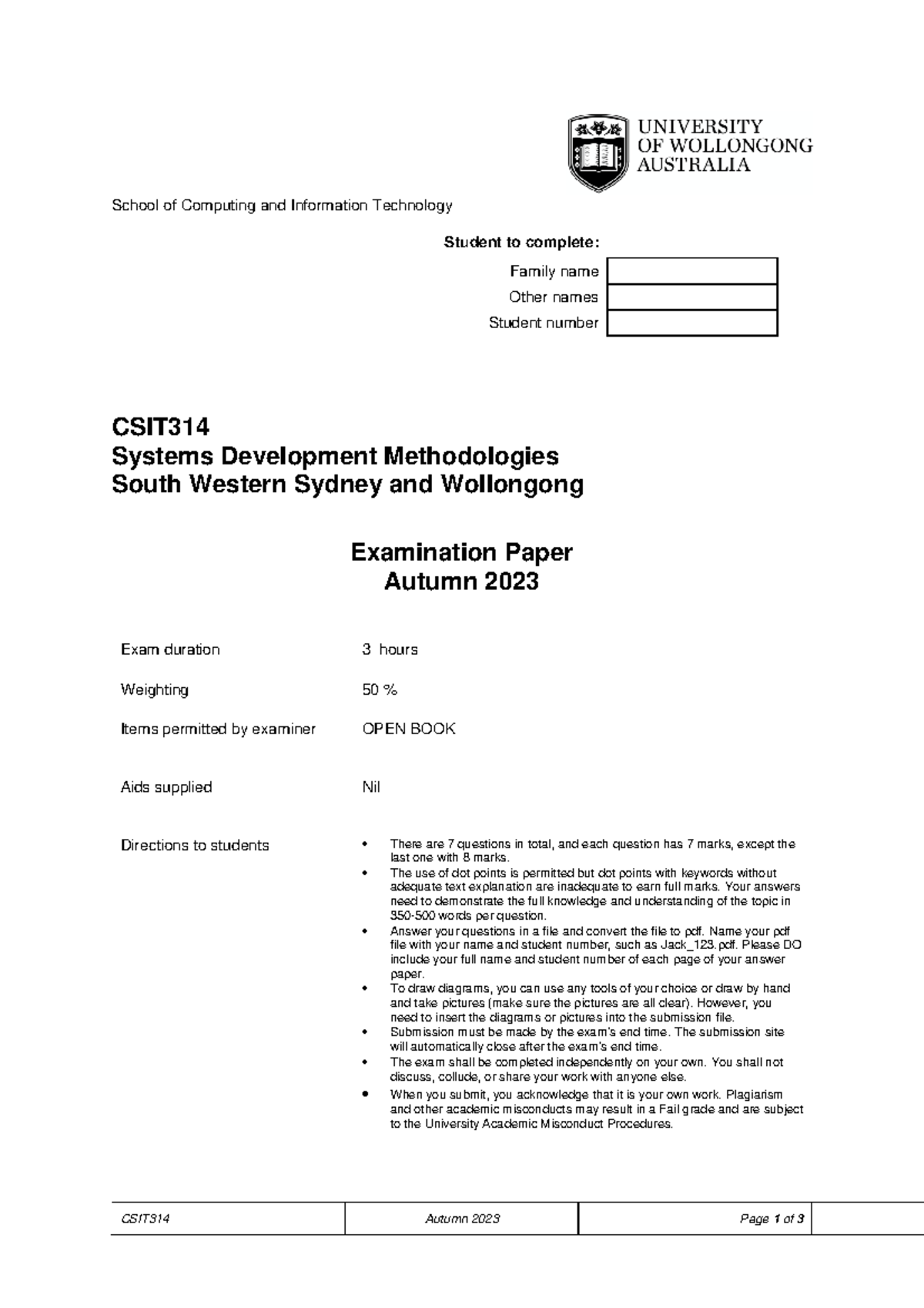 CSIT 314 final exam - CSIT314 Autumn 2023 Page 1 of 3 School of ...