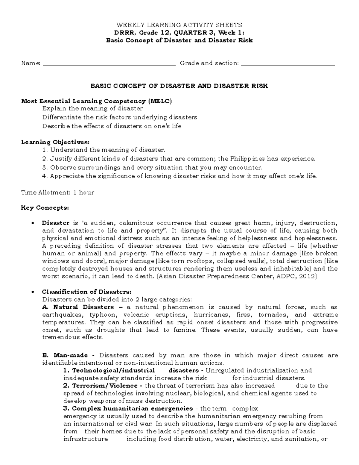 Q3 Week 1 - Disaster Readiness and Risk Reduction - LAS 1 - WEEKLY LEARNING ACTIVITY SHEETS DRRR ...