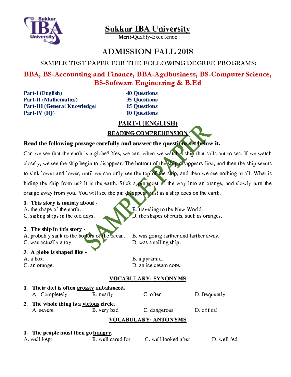 Sample Paper Admission-2018-BBA BS BEd Programs - Sukkur IBA University ...