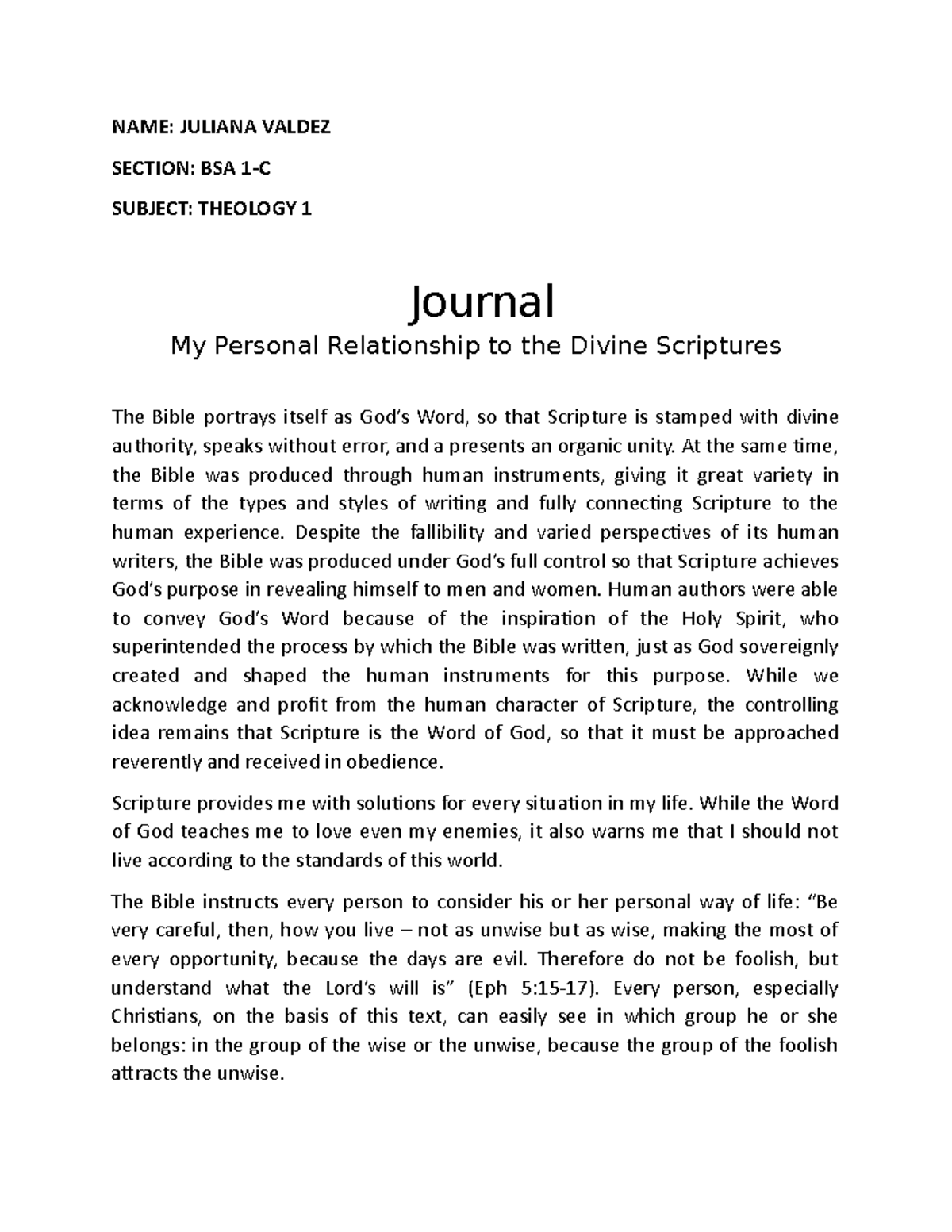 Theo 1 Semestral Journal - NAME: JULIANA VALDEZ SECTION: BSA 1-C ...