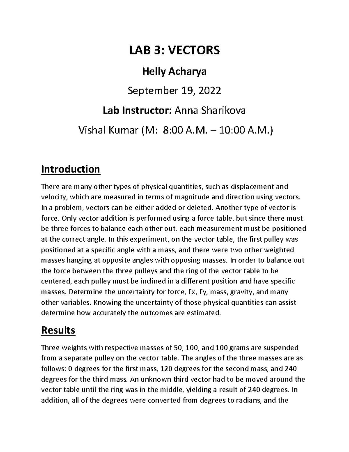 APHY 145 LR3 Helly - APHY 145 Lab Report 3 Topic - Vectors - LAB 3: VECTORS Helly Acharya ...
