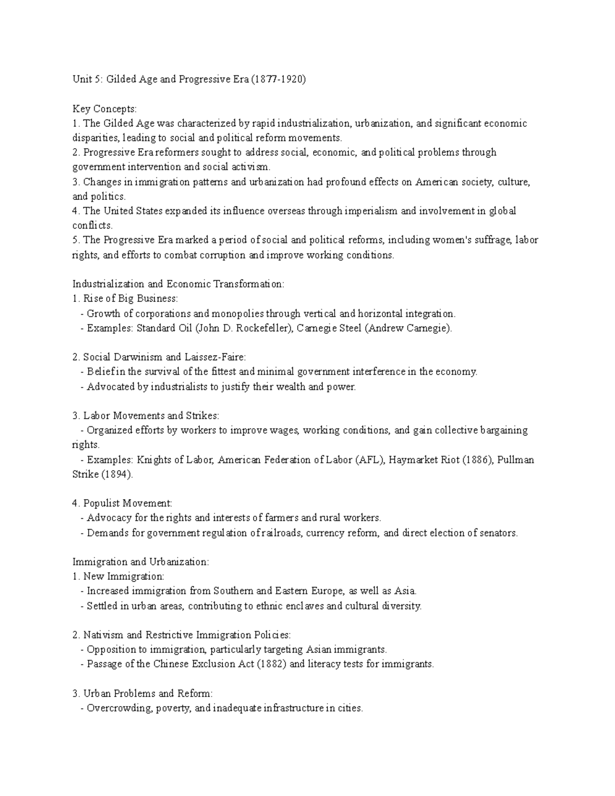 Apush U5 - Unit 5: Gilded Age and Progressive Era (1877-1920) Key ...