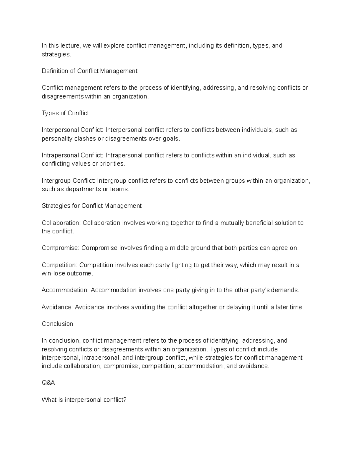 Lecture #23 Conflict Management - In this lecture, we will explore ...