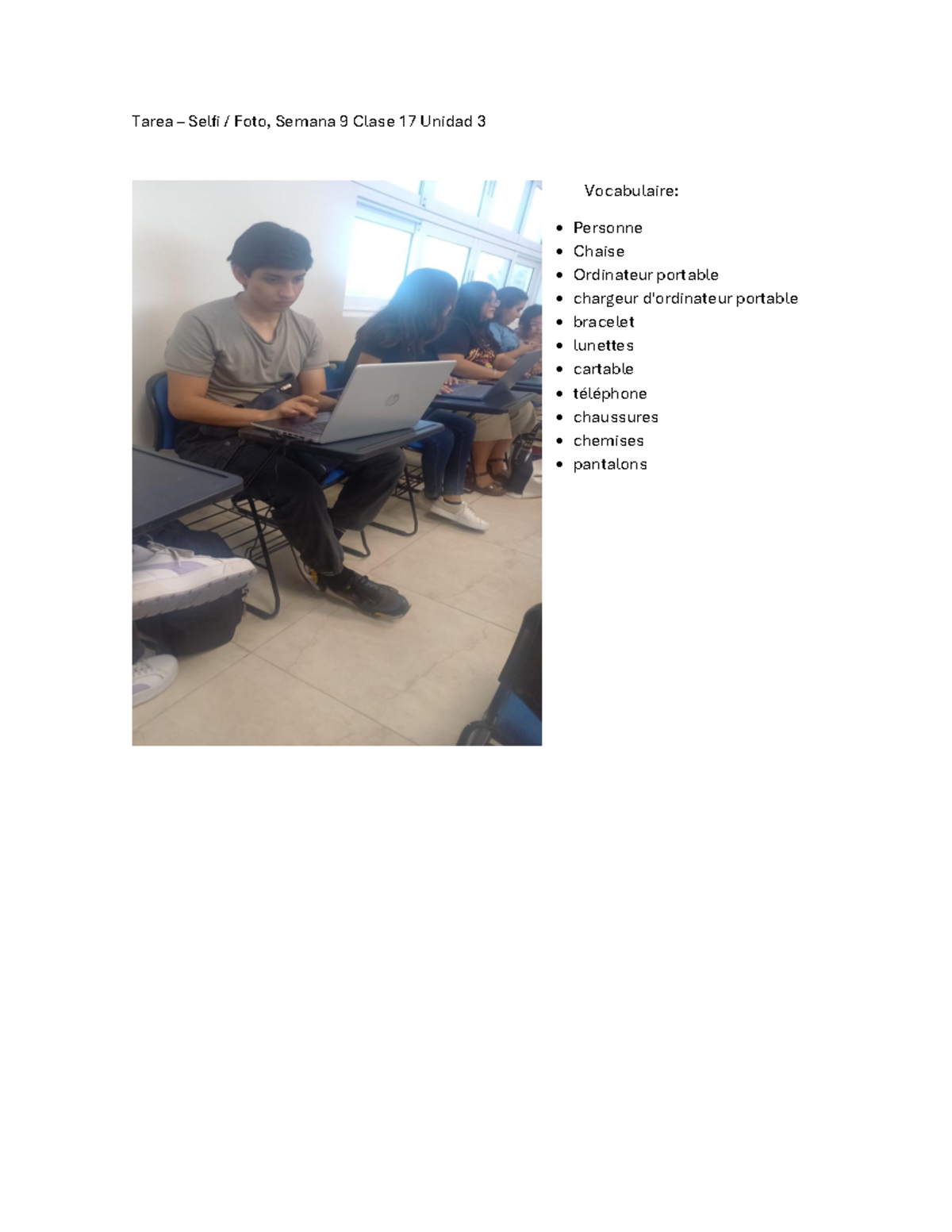Devoirs Semaine 9 Classe 17 - Frances - Tarea – Selfi / Foto, Semana 9 Clase 17 Unidad 3 - Studocu